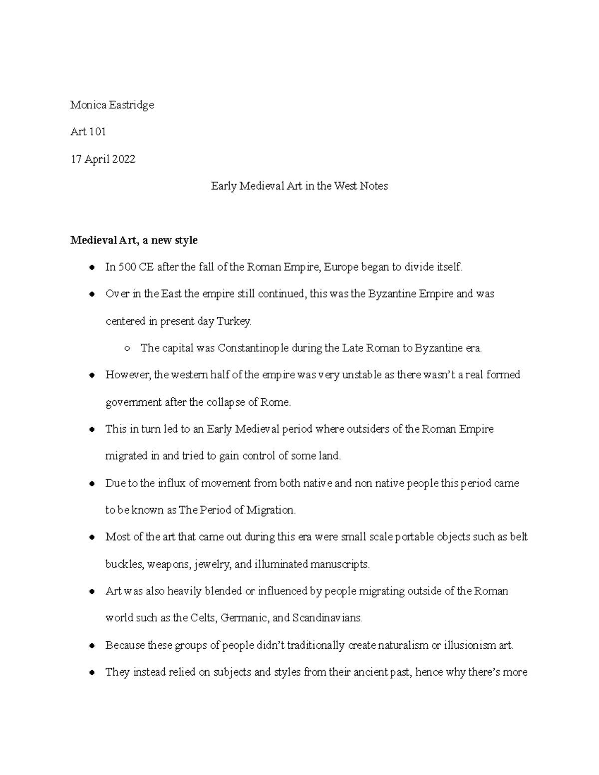 Early Medieval Art in the West Notes - Monica Eastridge Art 101 17 ...