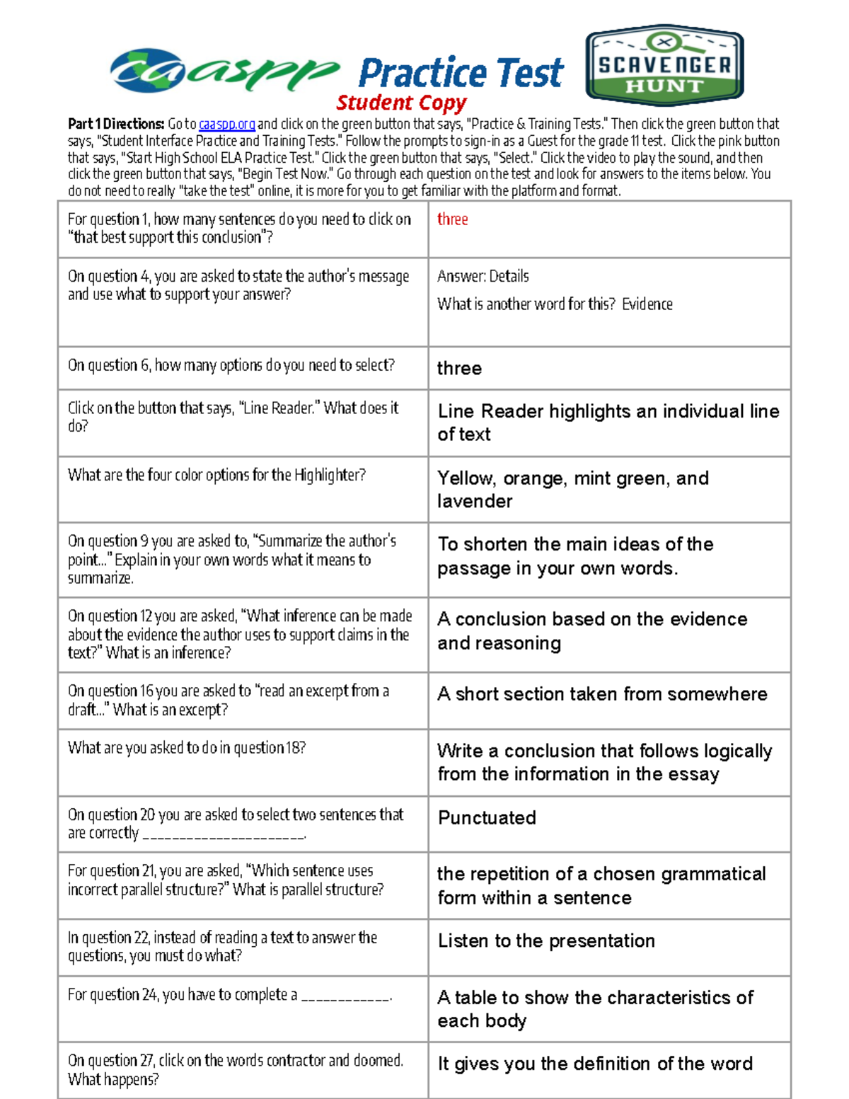 Practice Test Scavenger Hunt - Practice Test For question 1, how many ...