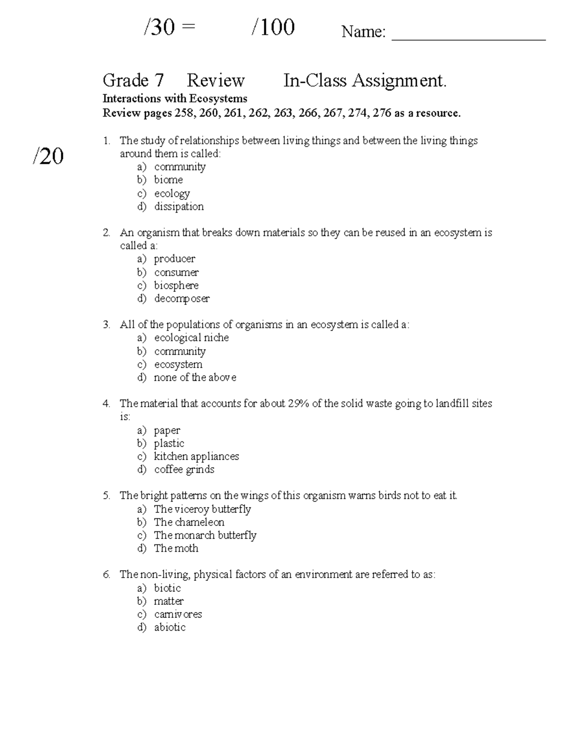 Grade 7 eco In class - eco - Grade 7 Review In-Class Assignment ...