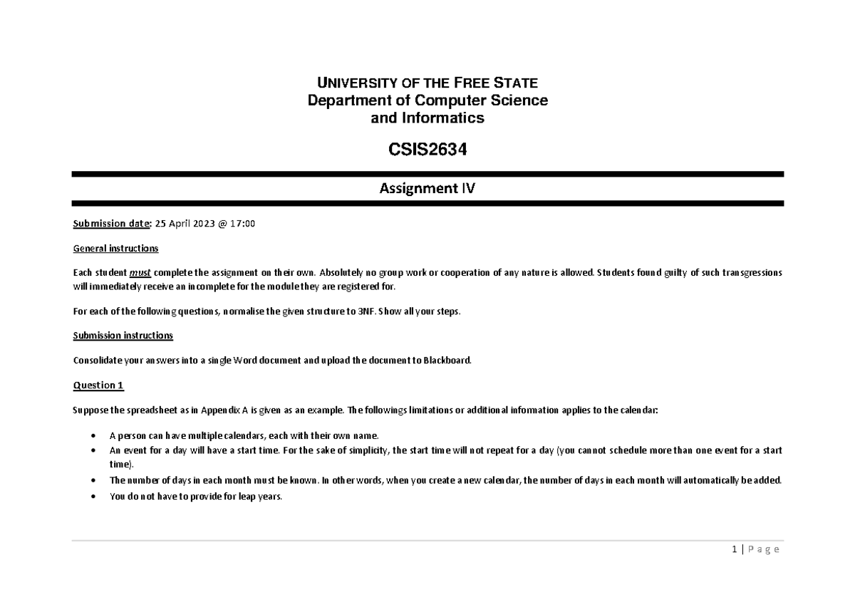 Assignment 4 - 1 | P a g e UNIVERSITY OF THE FREE STATE Department of Computer Science and - Studocu