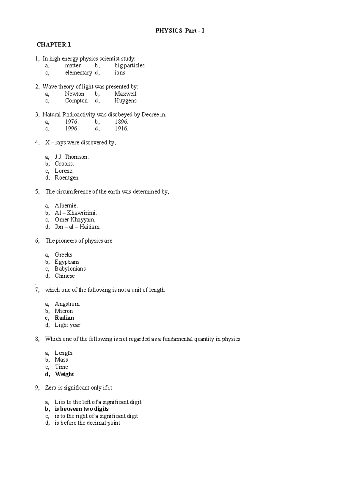 First year physics chapter wise mcqs - PHYSICS Part - I CHAPTER 1 1, In ...