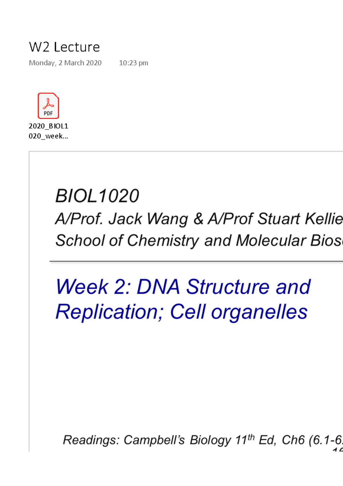 W2 Lecture - 2020_BIOL 020_week... W2 Lecture Monday, 2 March 2020 10: ...