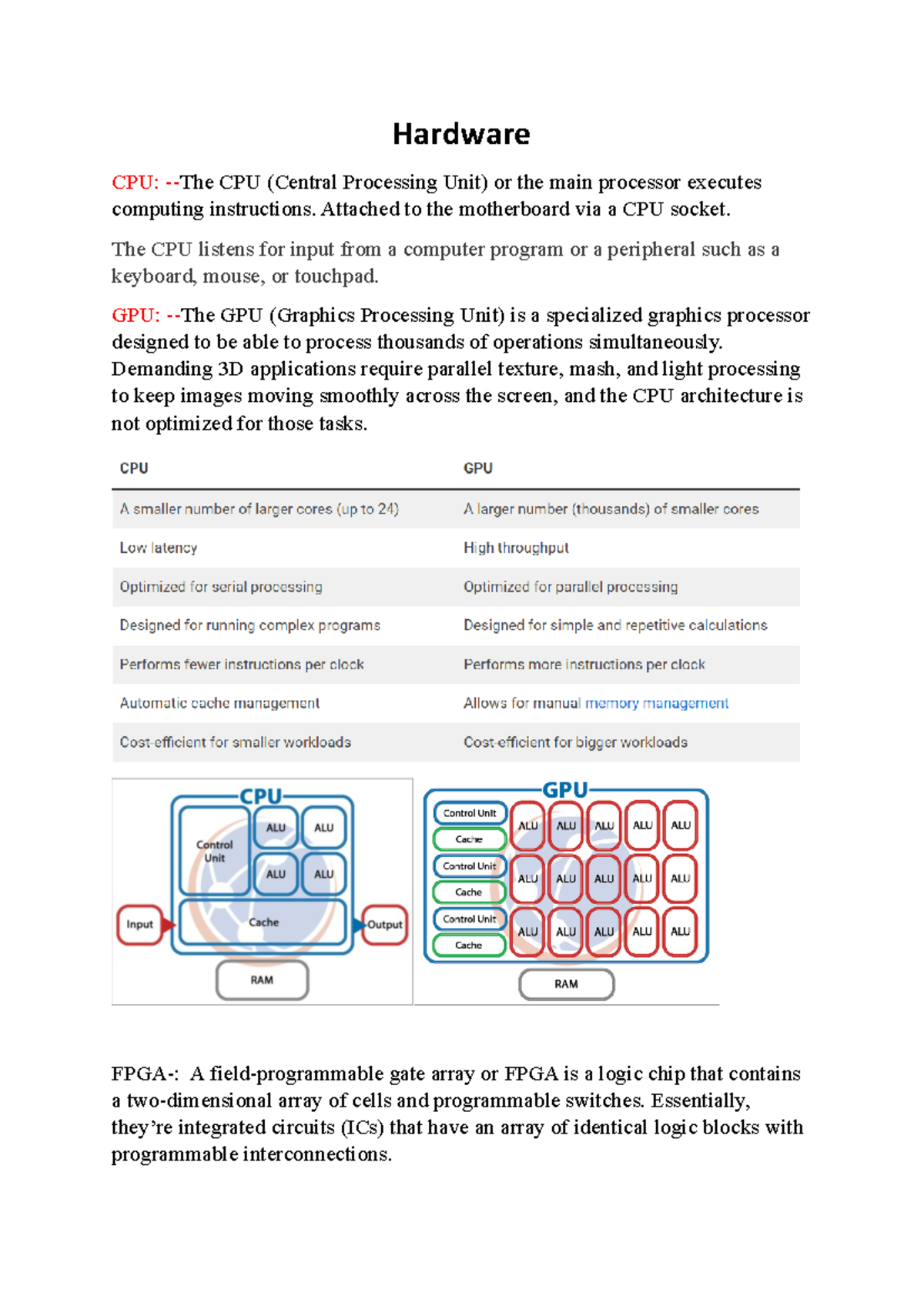 Hardware - Hardware CPU: -The CPU (Central Processing Unit) or the main ...