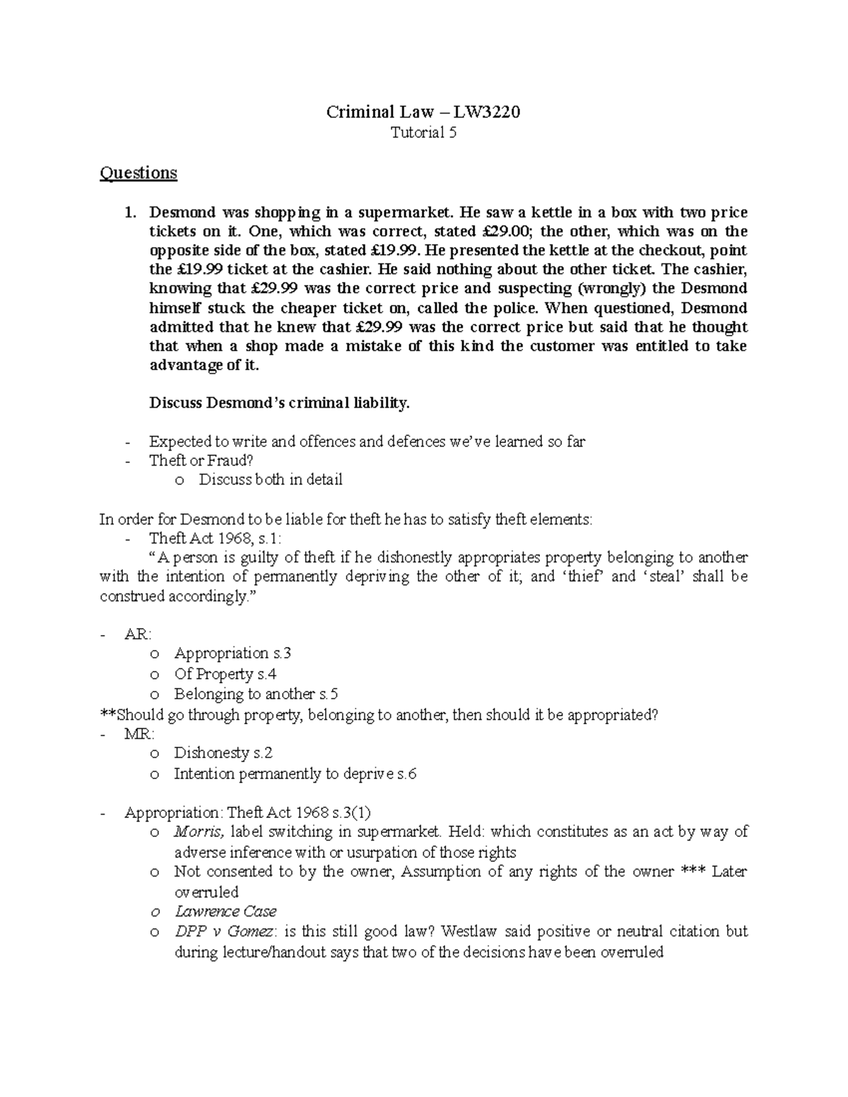 LW3220 - Tutorial 5 - Criminal Law – LW Tutorial 5 Questions 1. Desmond ...