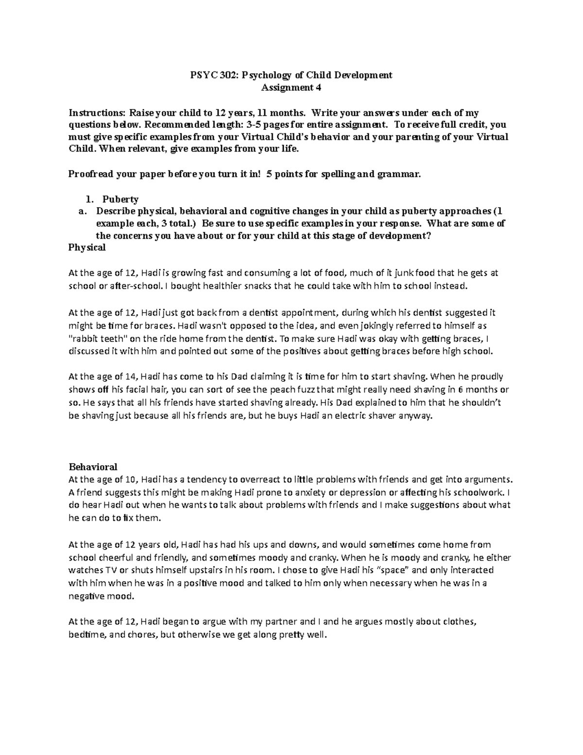 Assignment #4 Psych 302 - PSYC 302: Psychology of Child ...