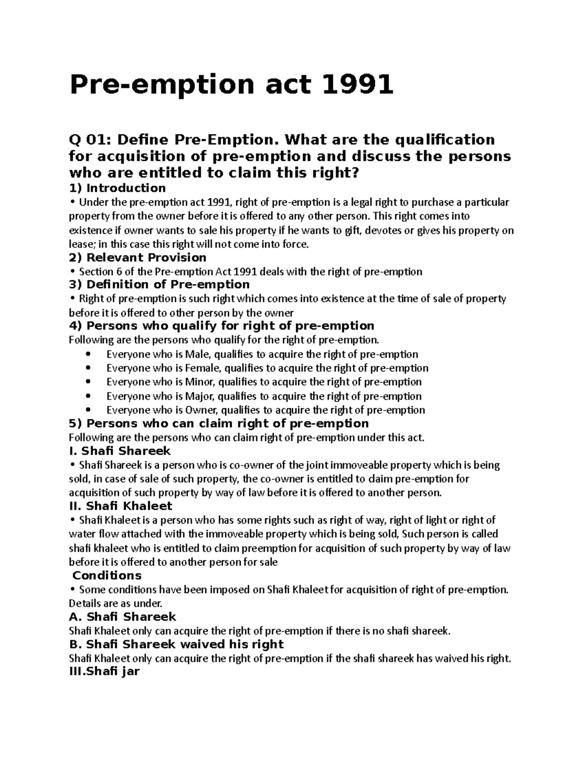 Preemption Act - Premetion act - Pre-emption act 1991 Q 01: Define Pre ...