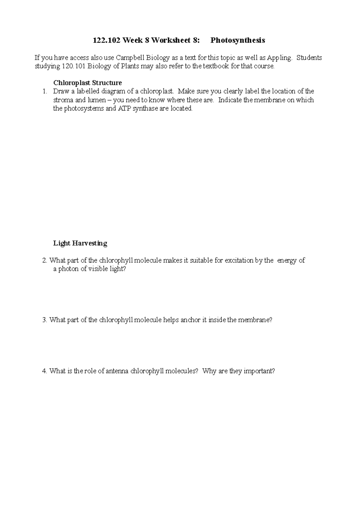 Week 8 Worksheet 8 L20-21 Photosynthesis questions - 122 Week 8 ...