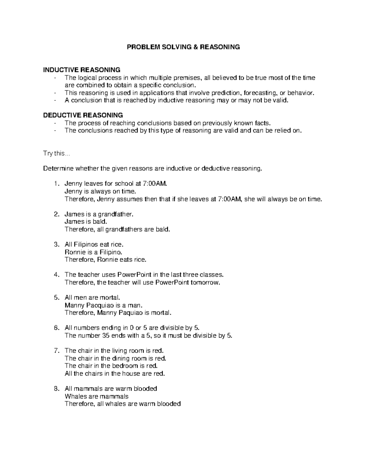 VI. Problem Solving AND Reasoning - PROBLEM SOLVING & REASONING ...