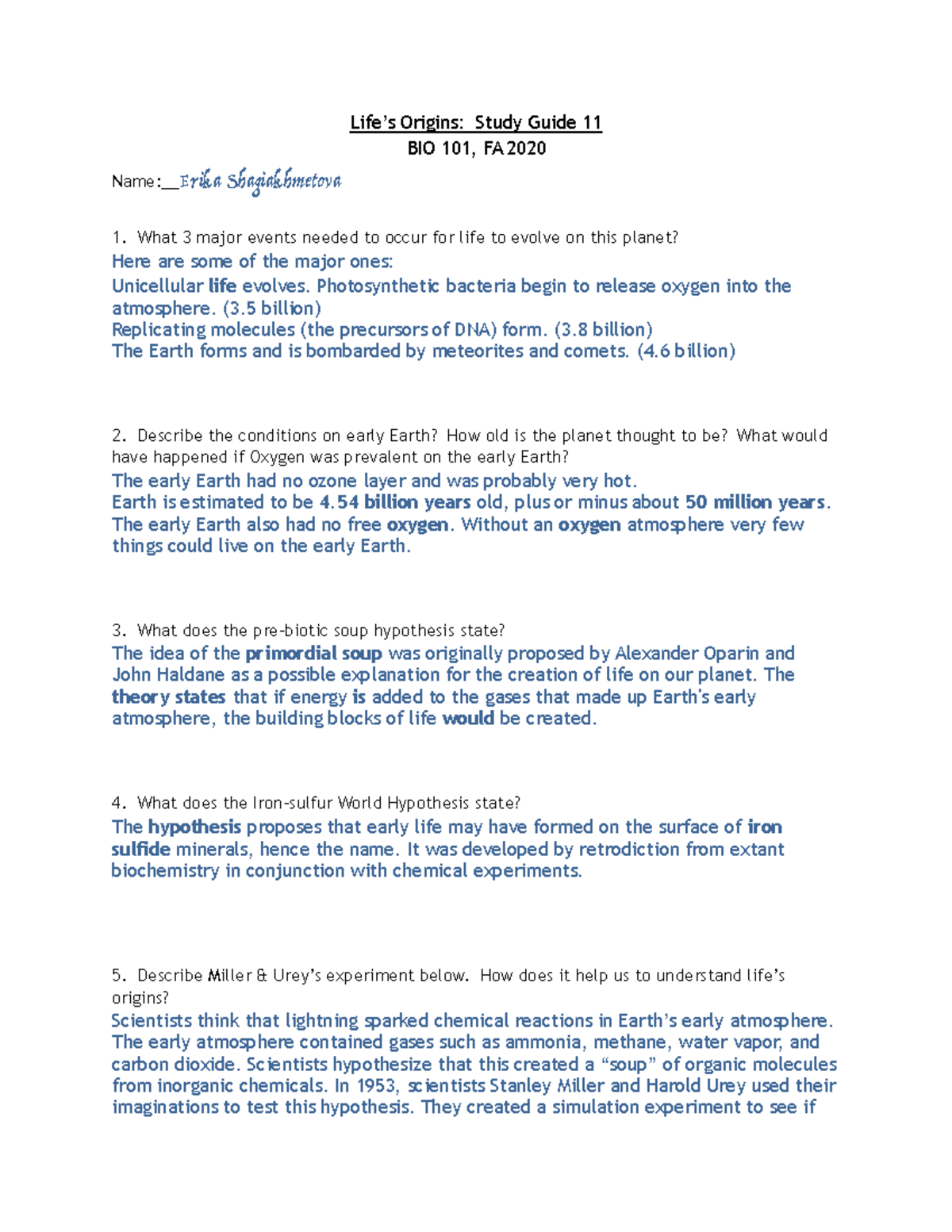 SG 11 Fall 2020 - BIO Study Guide - Life’s Origins: Study Guide 11 BIO ...