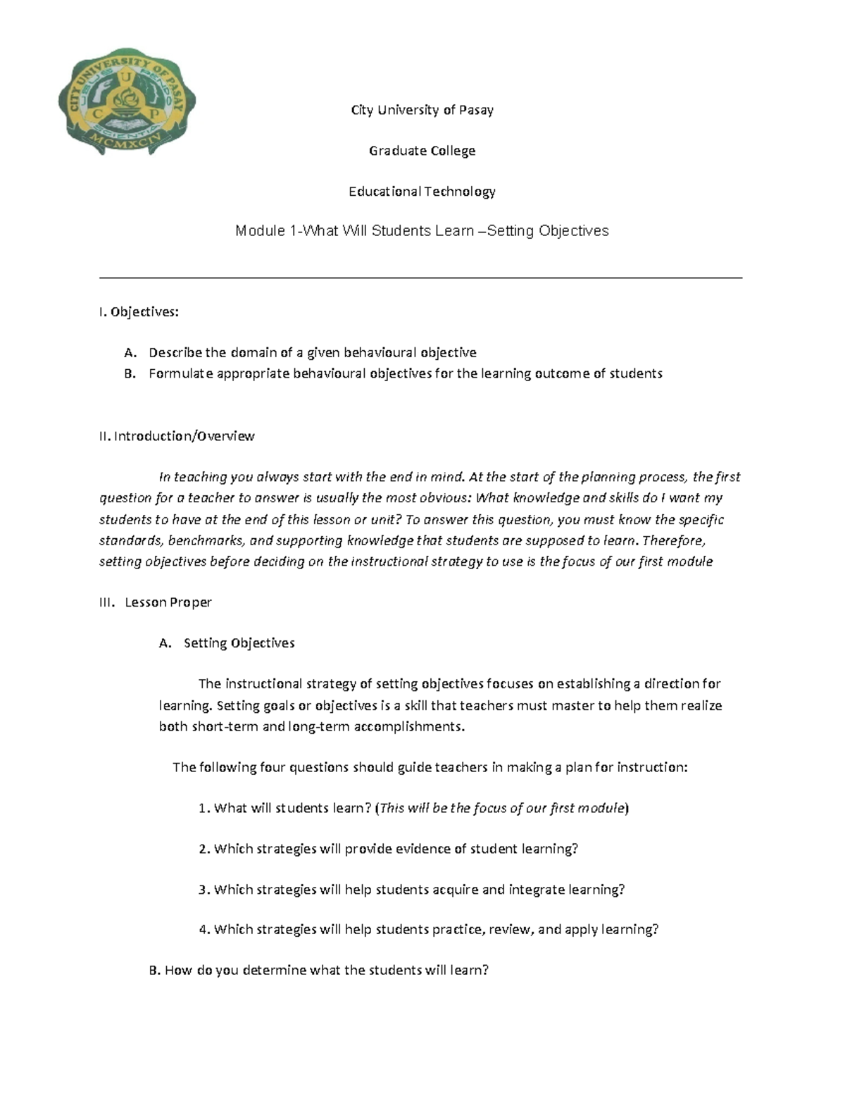 Module 1-What Will Students Learn –Setting Objectives - City University ...