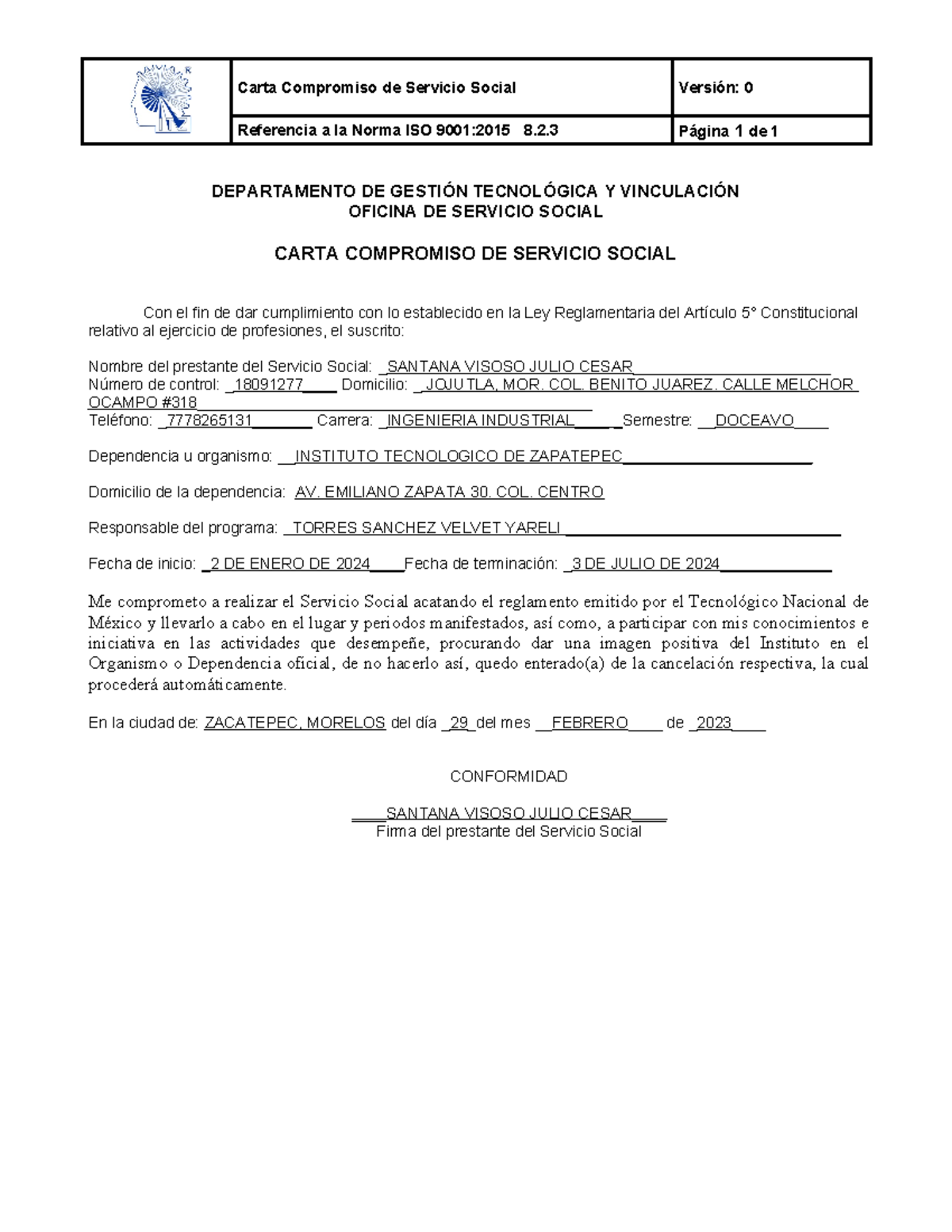 Carta- Compromiso-SS - Carta Compromiso de Servicio Social Versión: 0 ...