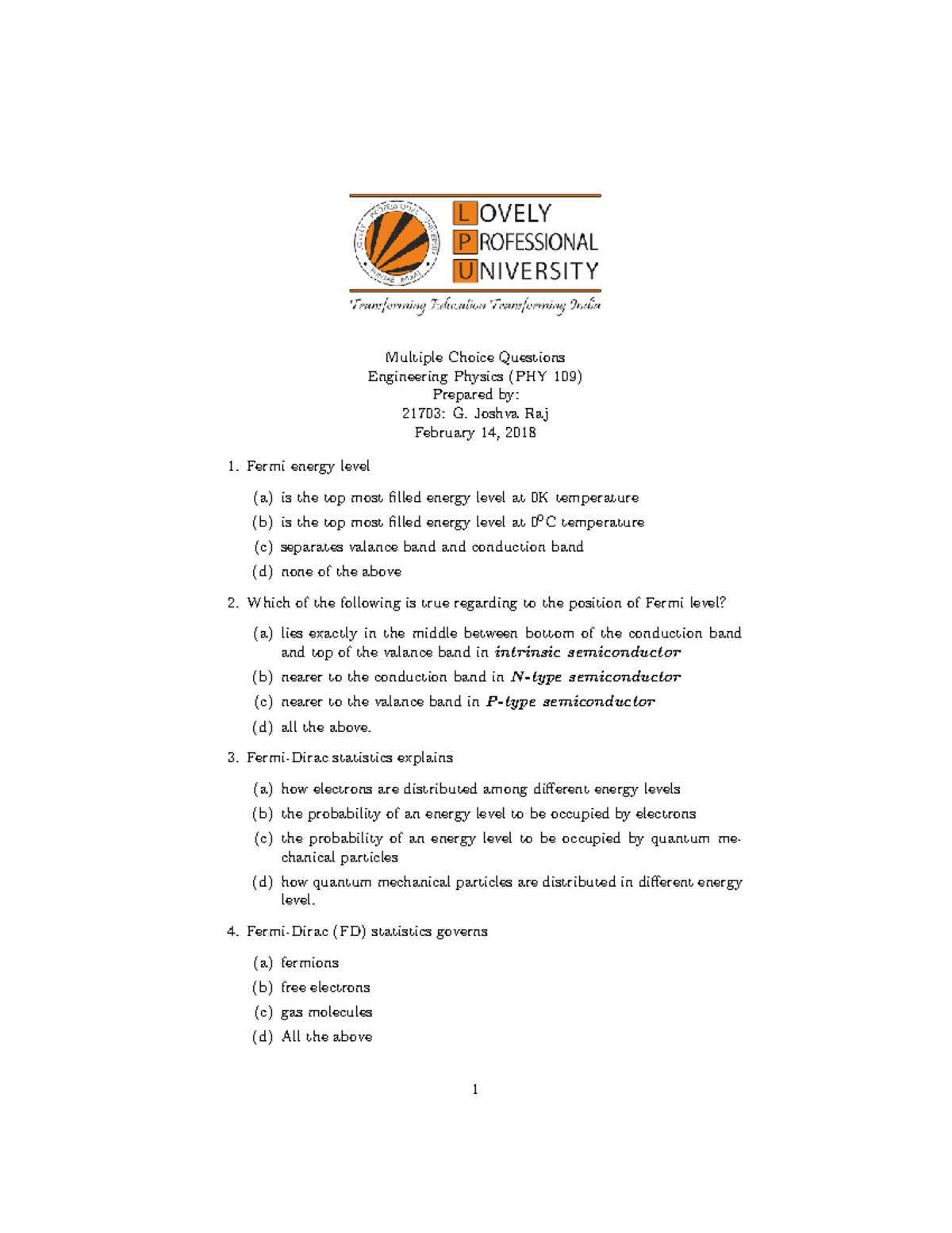 MCQ Physics Part 1 - Multiple Choice Questions Engineering Physics (PHY ...