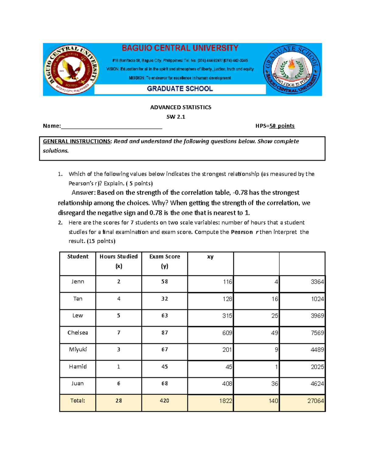 Advanced- Statistics-SW-2.1 final - ADVANCED STATISTICS SW 2. Name