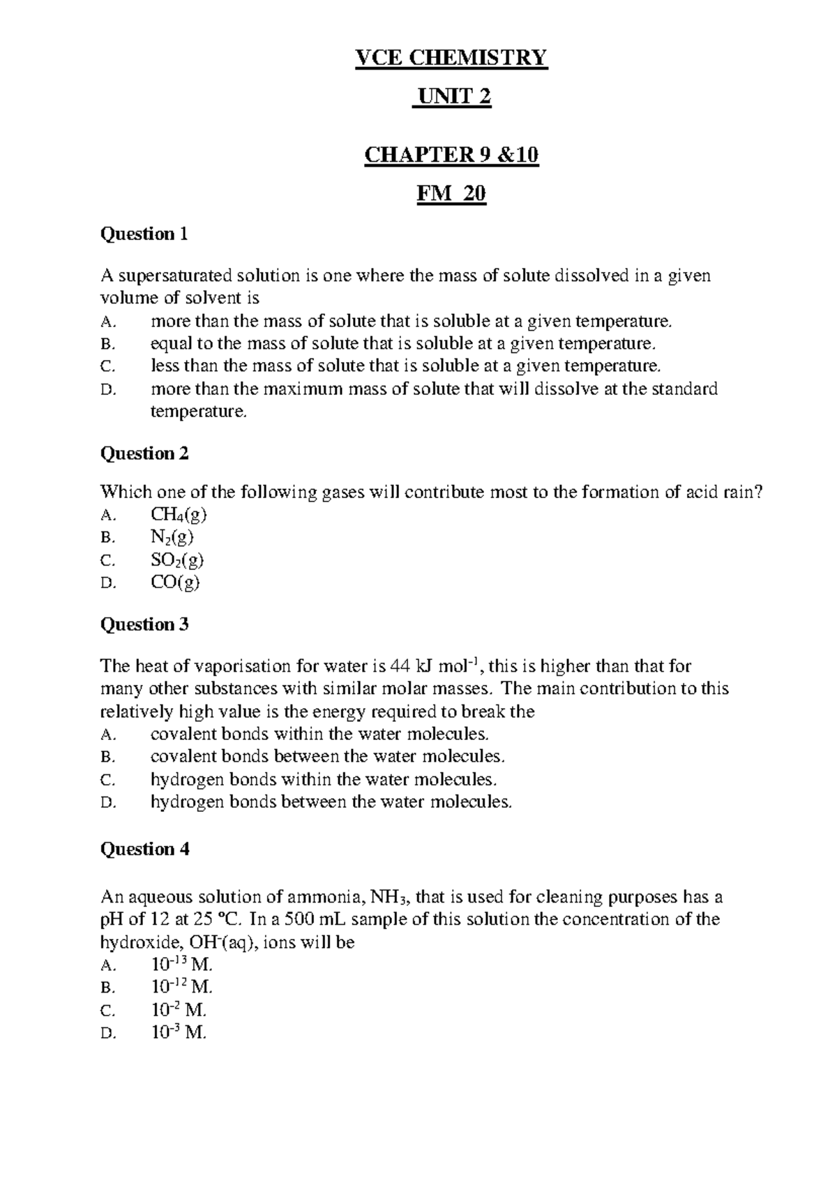 VCE Ch 9 & 10 - Practice!!!!! - VCE CHEMISTRY UNIT 2 CHAPTER 9 & FM 20 ...