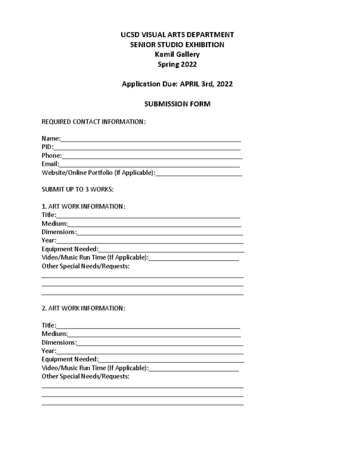 2022 Senior Studio ART SHOW Submission Form - UCSD VISUAL ARTS ...