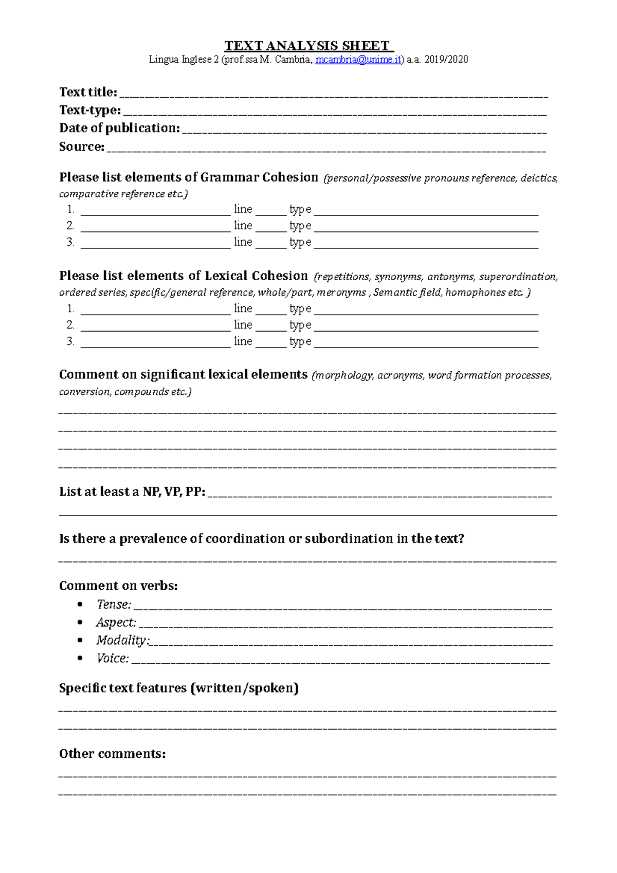 Text Analysis Sheet - materiale esame inglese ii - TEXT ANALYSIS SHEET ...