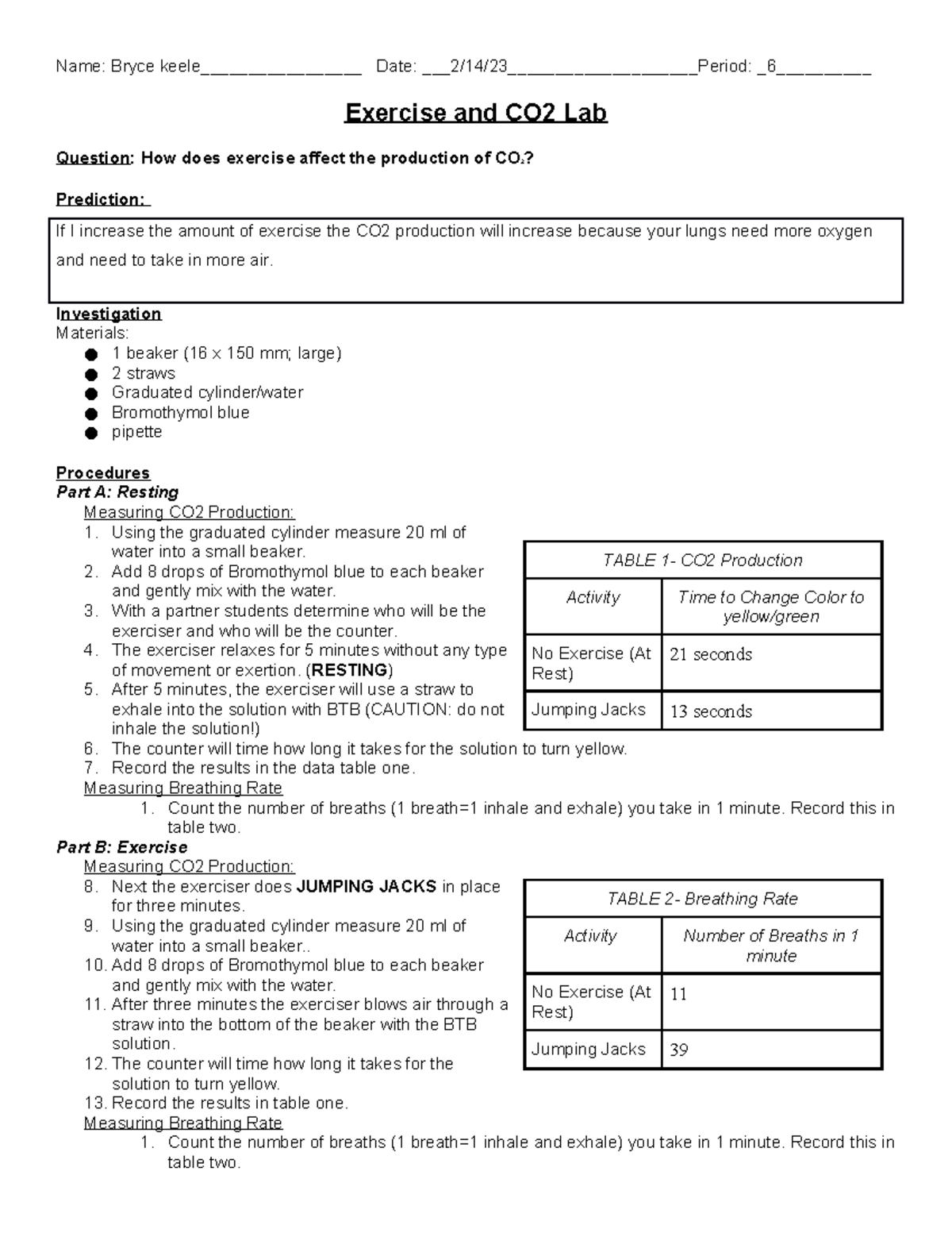 8.3.2 CO2 and Excersice Lab - Name: Bryce keele_________________ Date ...