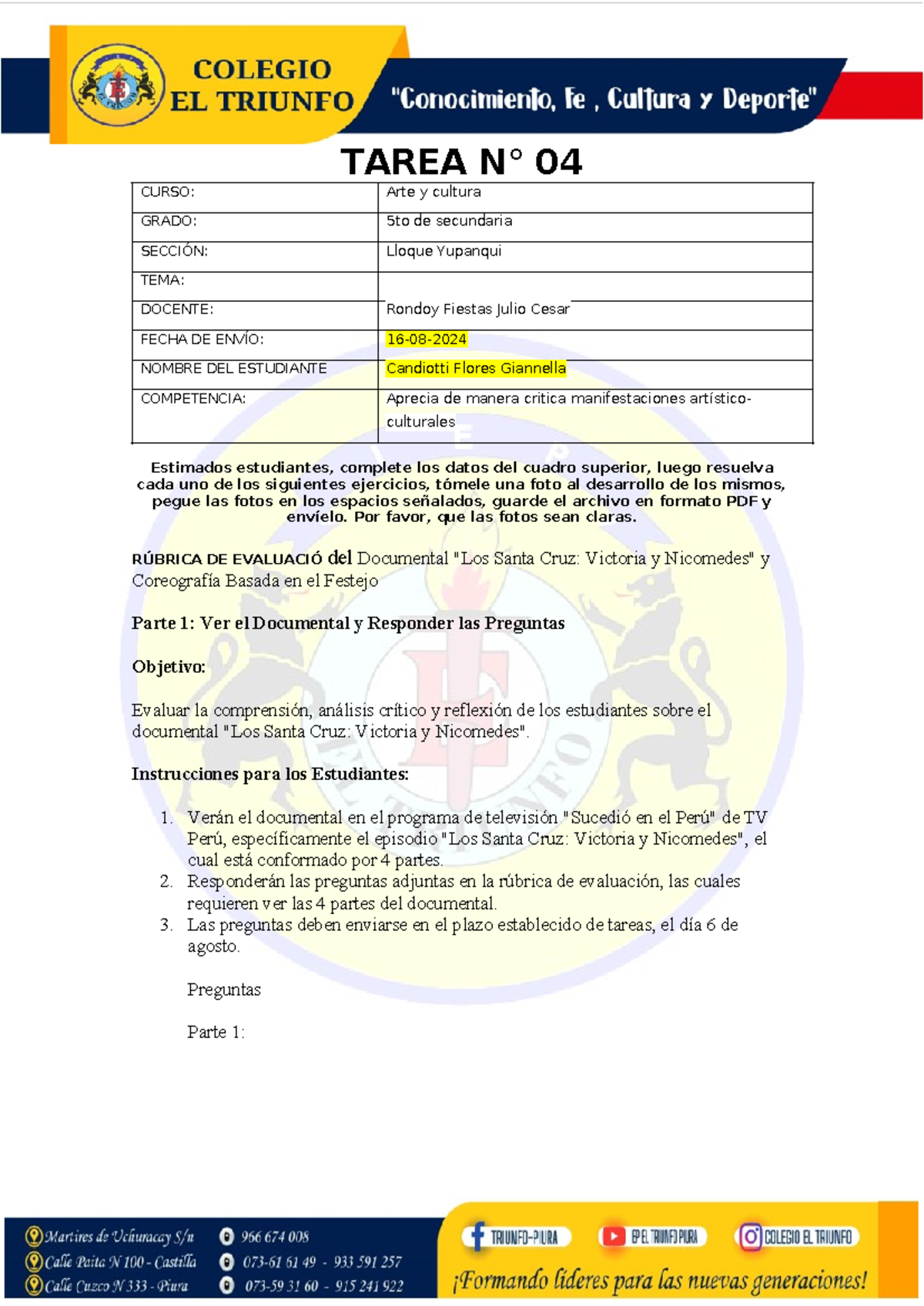 Tarea de 5to formato de tareas 4 arte y cultura - TAREA N° 04 CURSO: Arte y cultura GRADO: 5to ...