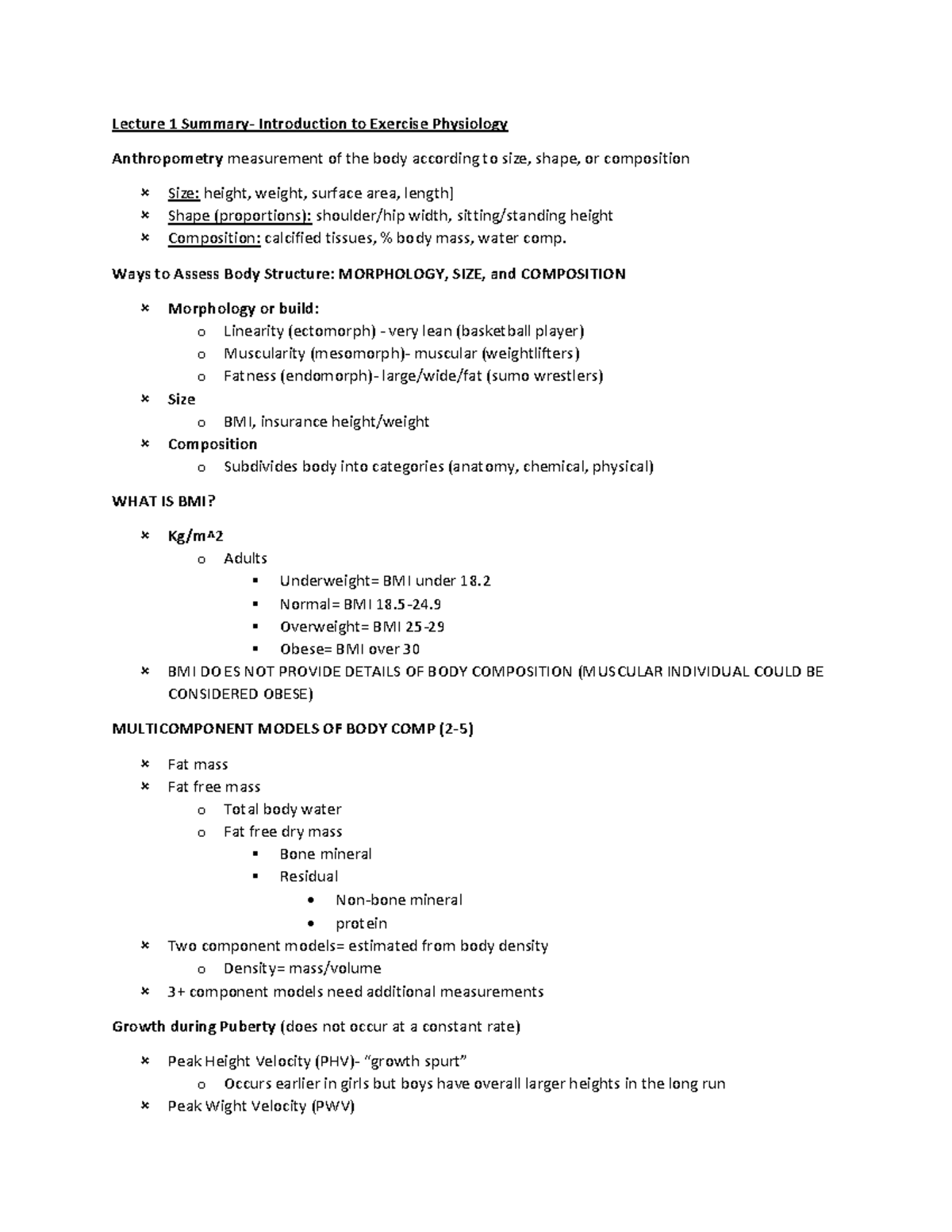 Kines lecture 1 summary - Lecture 1 Summary- Introduction to Exercise Physiology Anthropometry ...