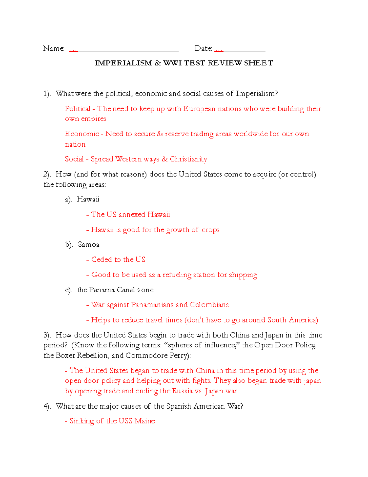 Imperialism and WWI test review sheet - Name ...