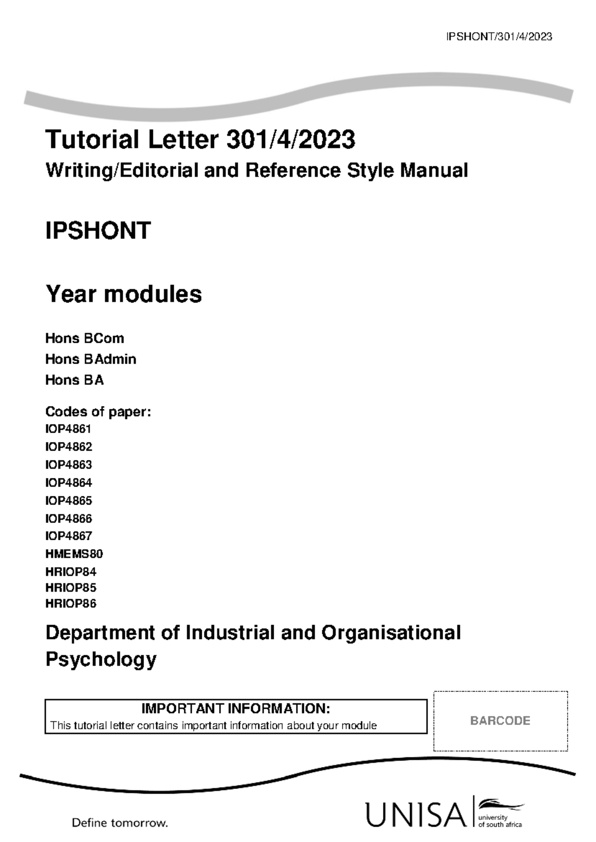 Ipshont 301 4 2023 B - Tutorial Letter 301/4/ Writing/Editorial and ...