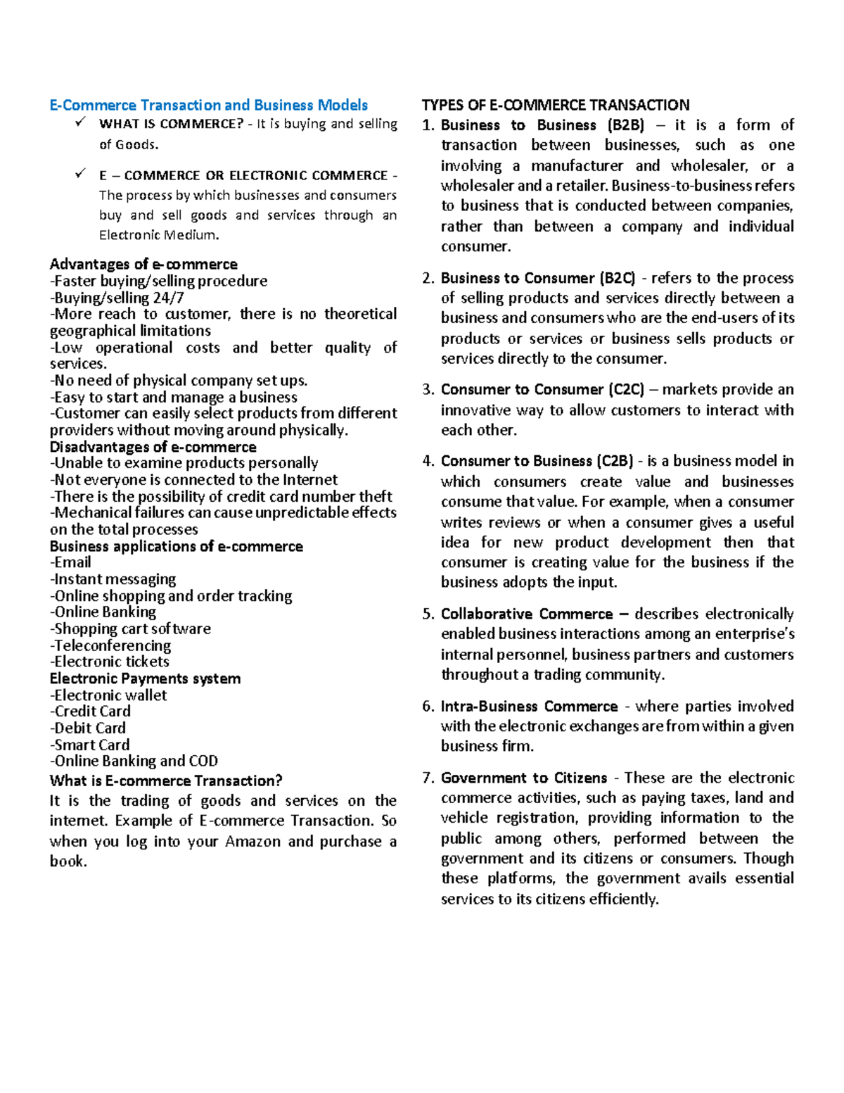 E Commerce Notes E Commerce Transaction And Business Models What Is Commerce It Is Buying