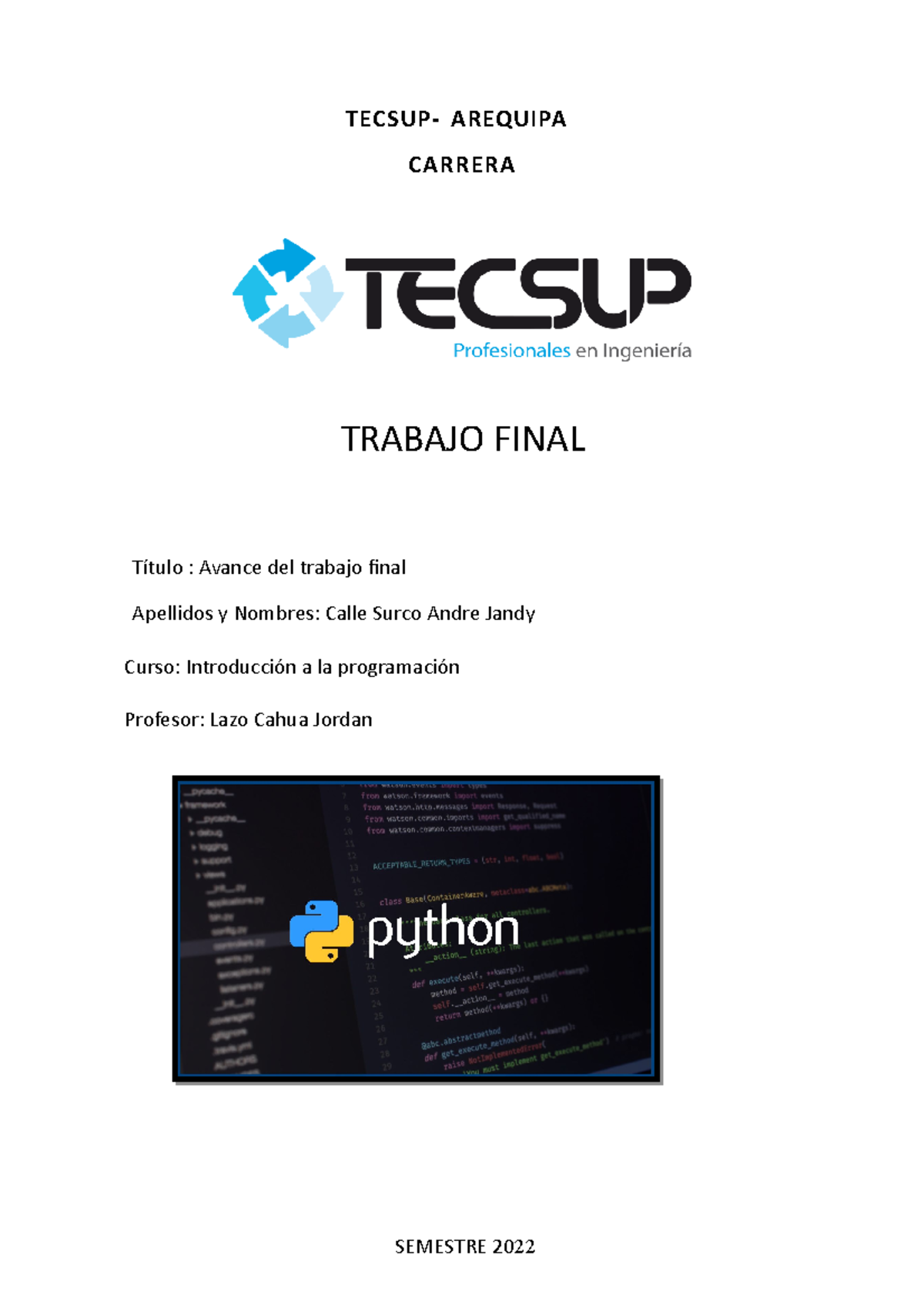 Avance de trabajo final programacion - TECSUP- AREQUIPA CARRERA TRABAJO ...
