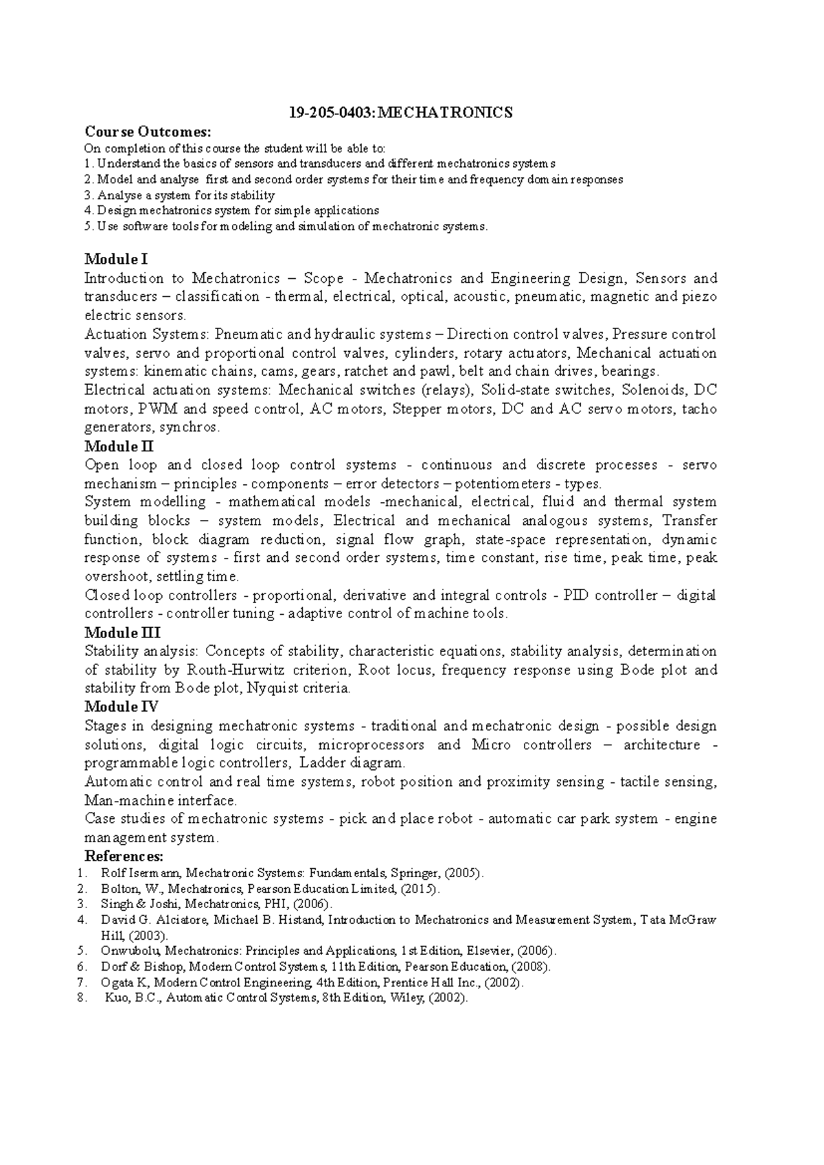 Cusat final BTech syllabus ME 2019 scheme - 19-205-0403:MECHATRONICS ...