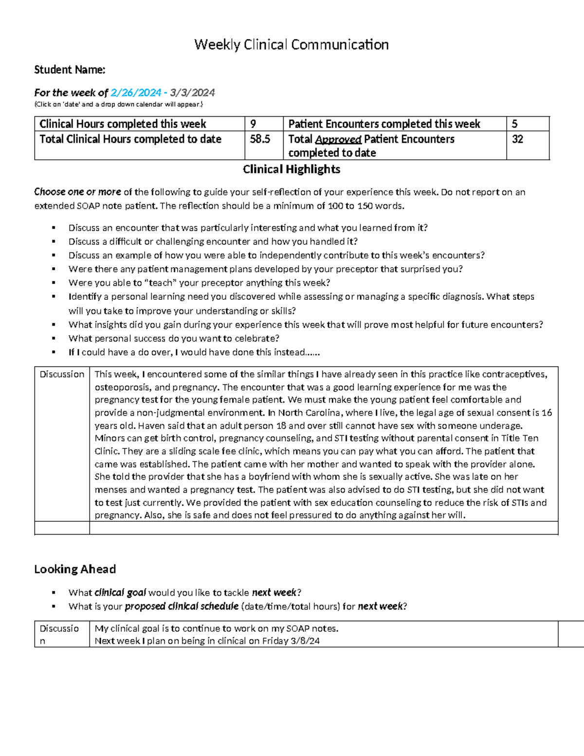 Week 8 Clinical Communication - women health-225 - Weekly Clinical ...