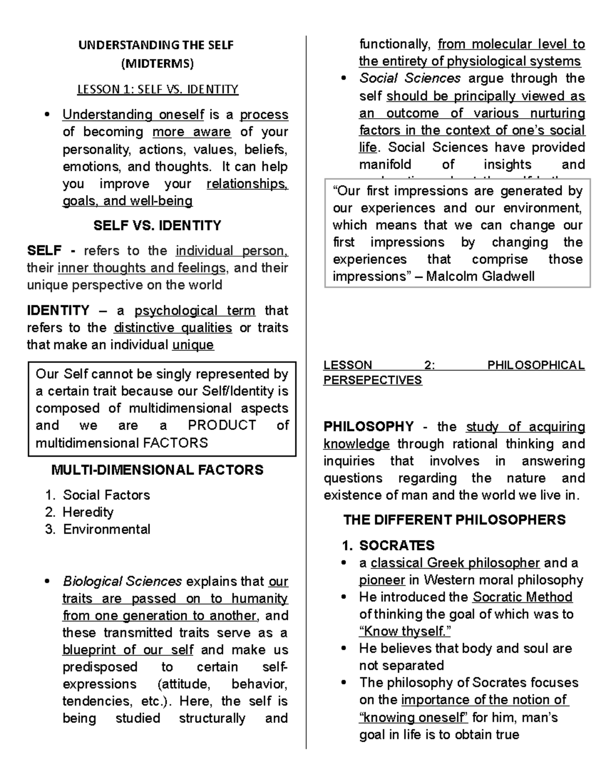 Understanding THE SELF Reviewer - UNDERSTANDING THE SELF (MIDTERMS) LESSON 1: SELF VS. IDENTITY ...