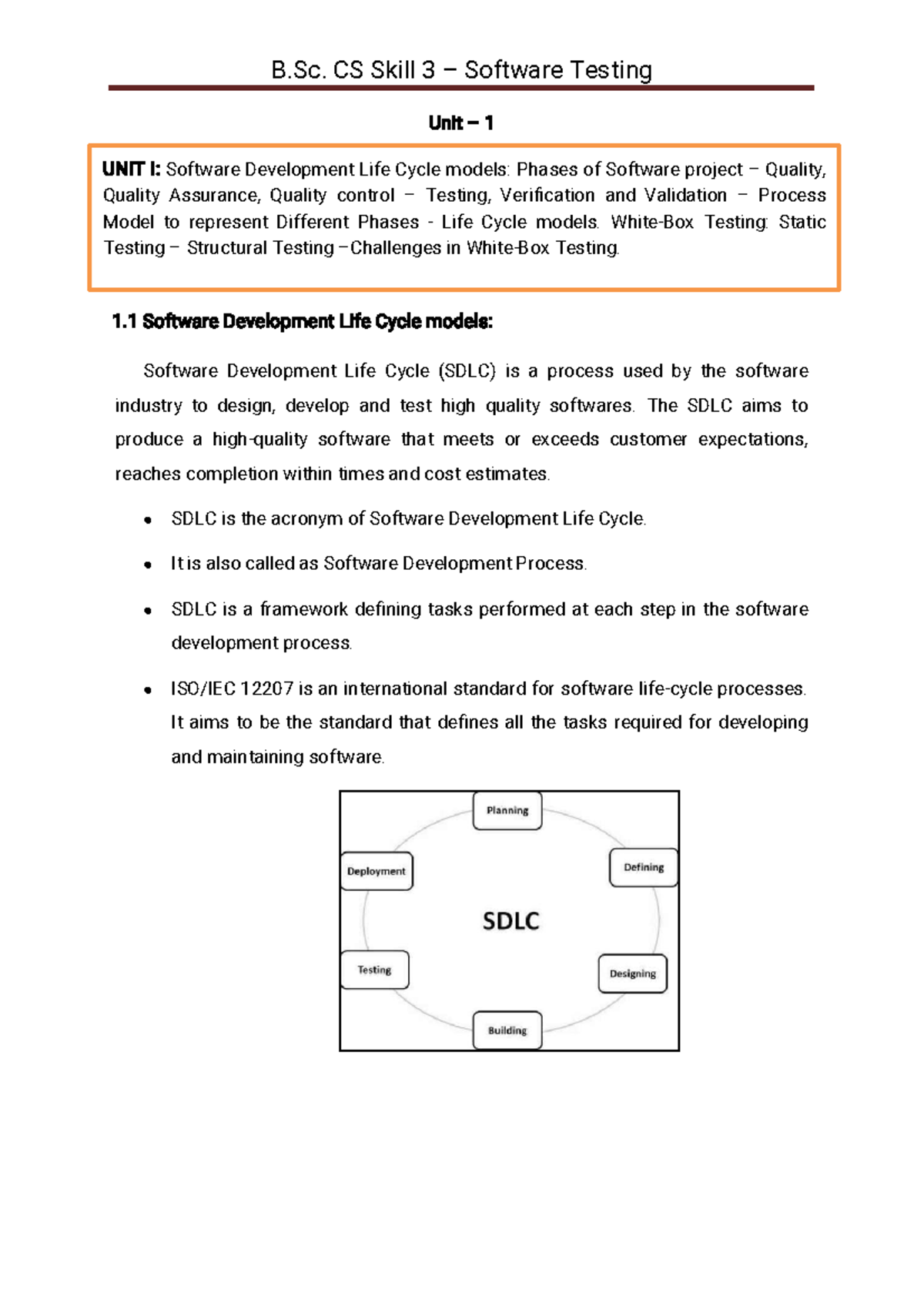 CS Skill 3 ST Unit - 1 - Summary - Unit – 1 1 Software Development Life ...