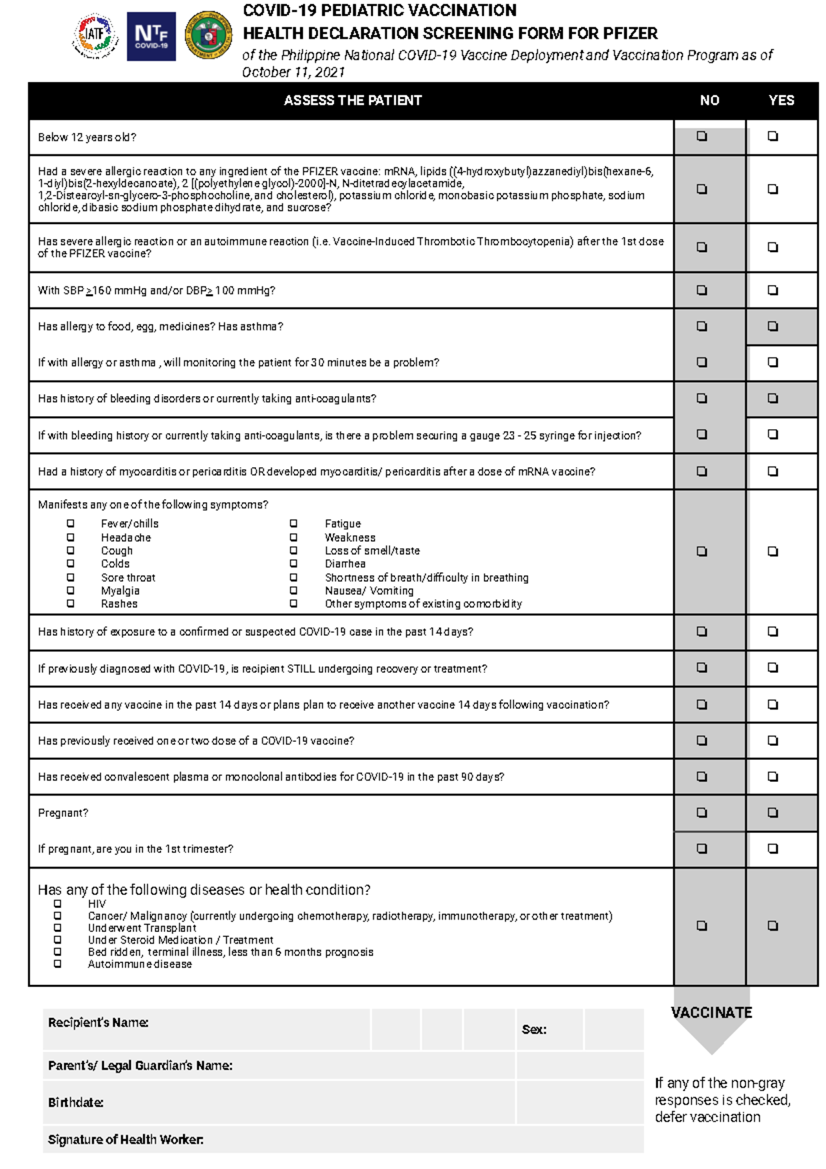 Health Declaration and Screening Form for Pedia Vax - COVID-19 ...