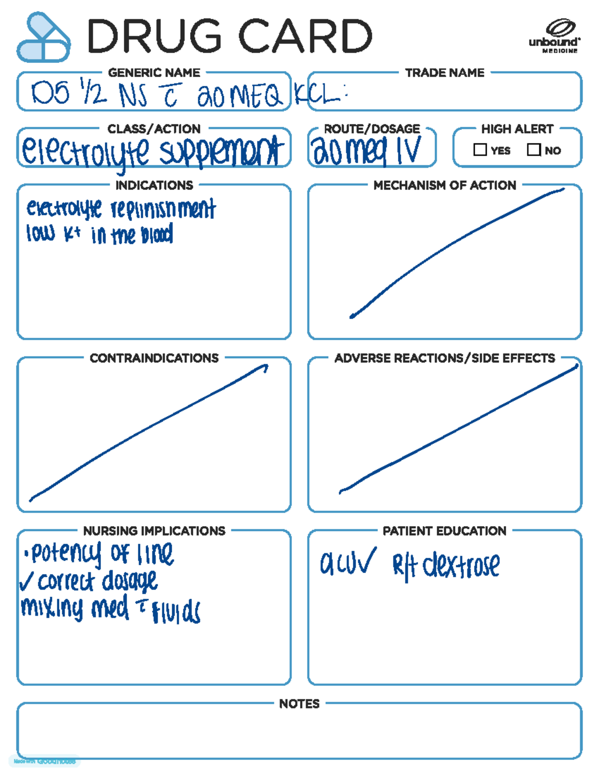 Drug cards 2 - NUR 210 - 05 2 NS = 20 MEQ KCL : electrolyte supplement ...