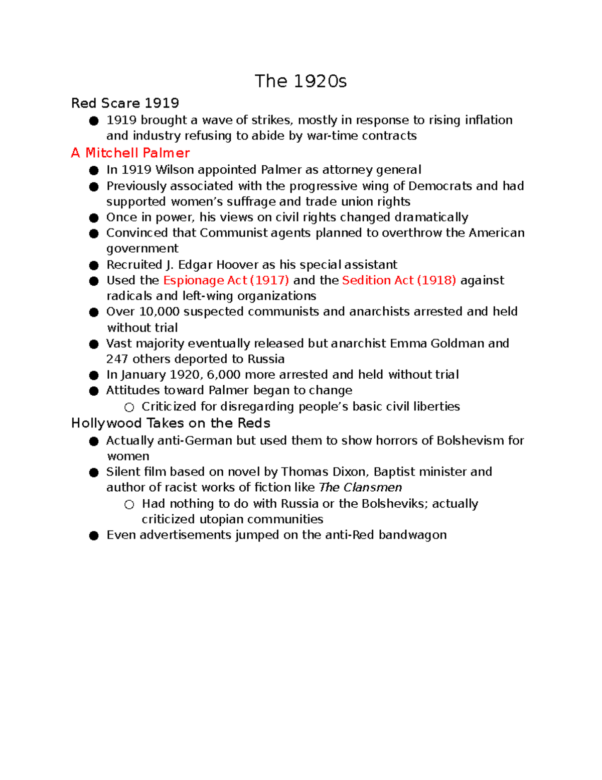 The 1920s - The 1920s Red Scare 1919 1919 brought a wave of strikes ...
