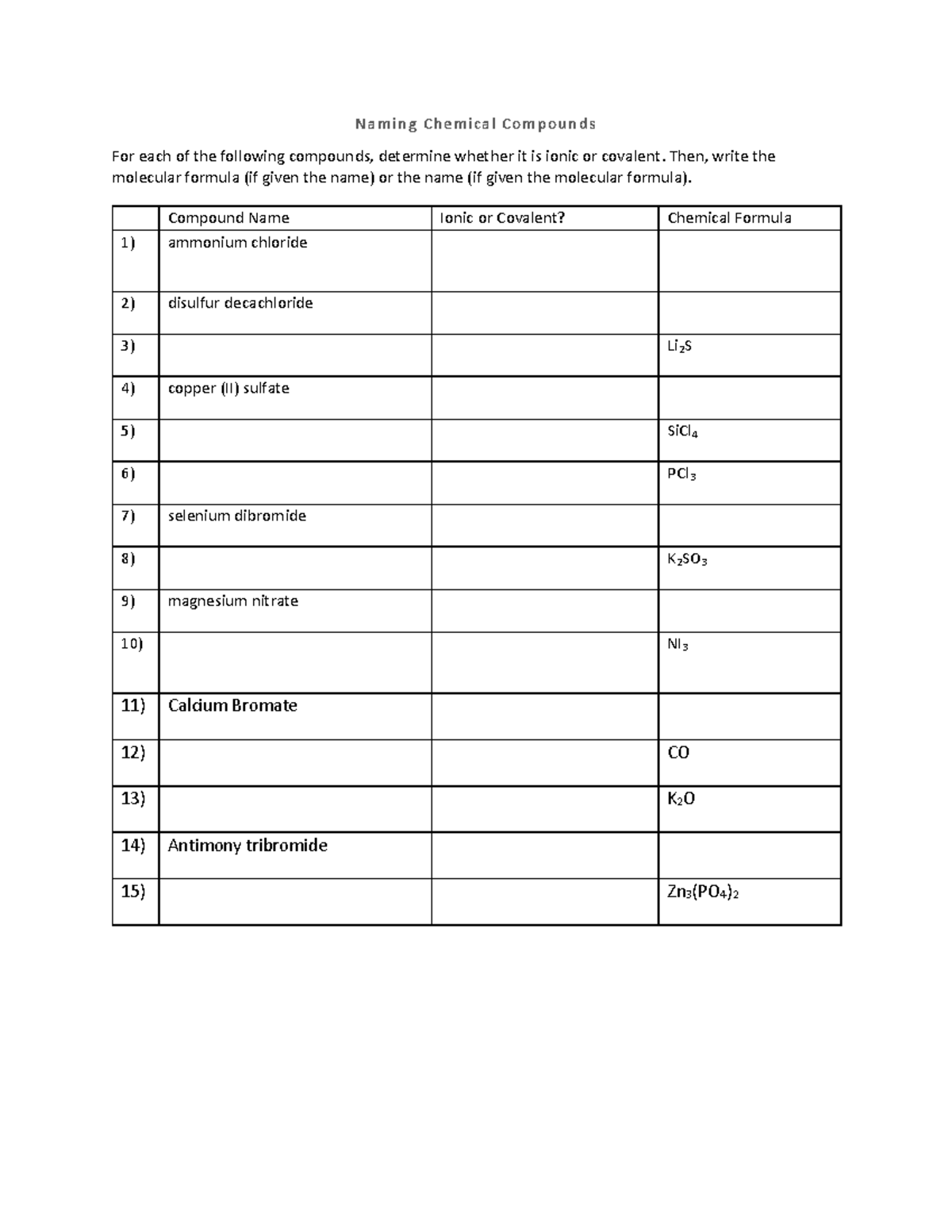 WEEK 3 Worksheet - assignment ws - Naming Chemical Compounds For each ...