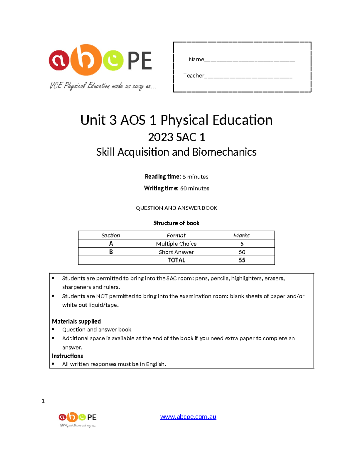 2023 Skill acquisition and Biomechanics Questions (Sac 1) - Name