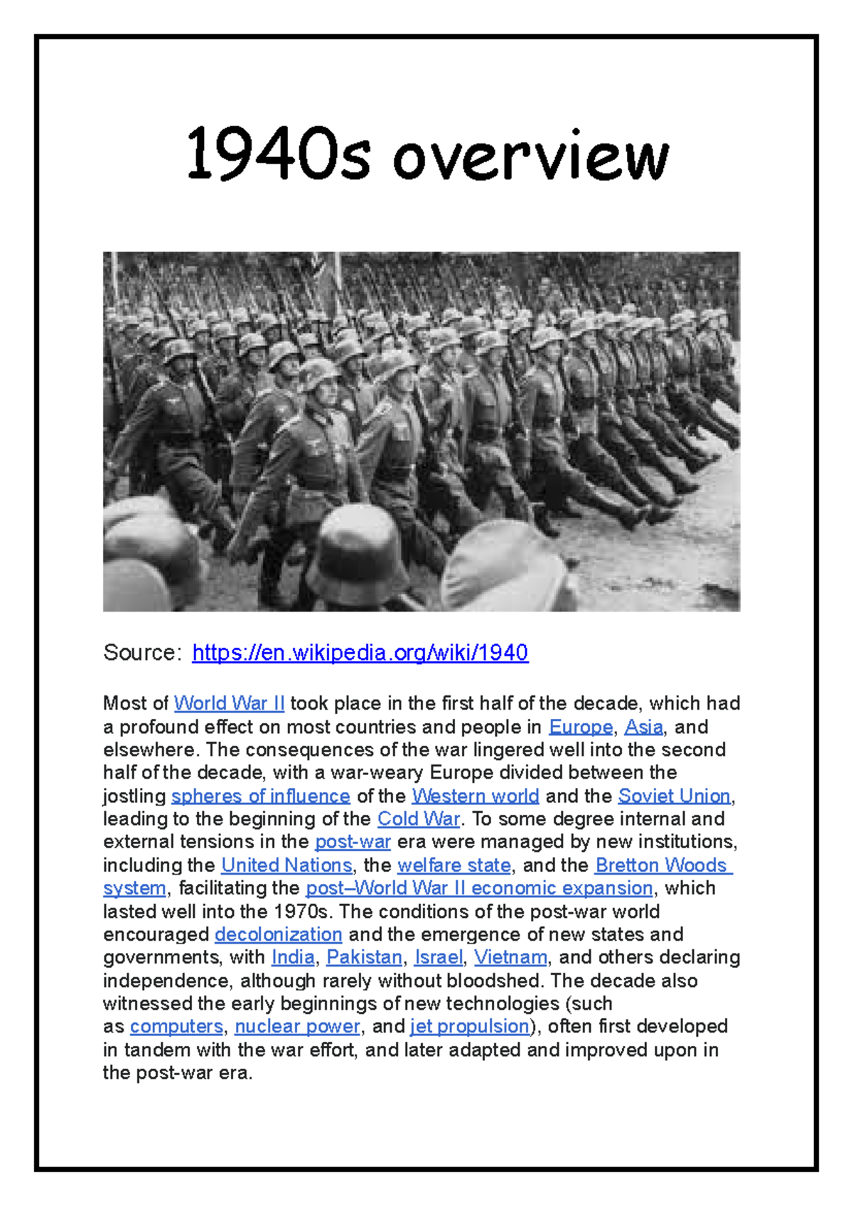 1940s overview - 1940s overview Source: en.wikipedia/wiki/ Most of ...