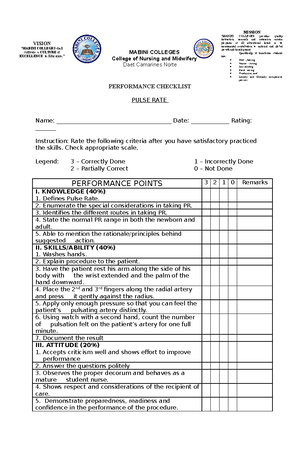 BODY- Mechanics- Checklist - PERFORMANCE CHECKLIST BODY MECHANICS Name ...