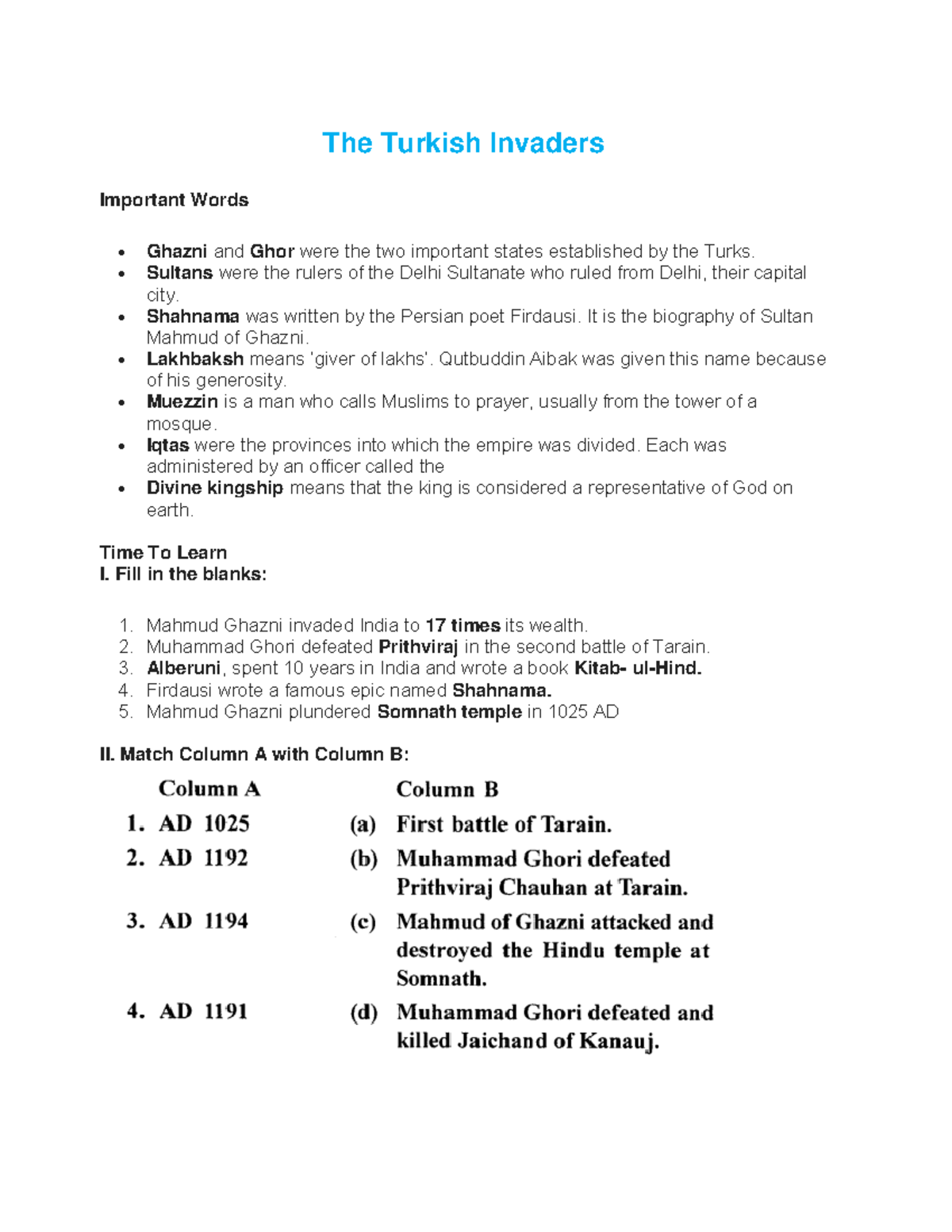 The Turkish Invaders - notes - ncertbooksolutions The Turkish Invaders ...