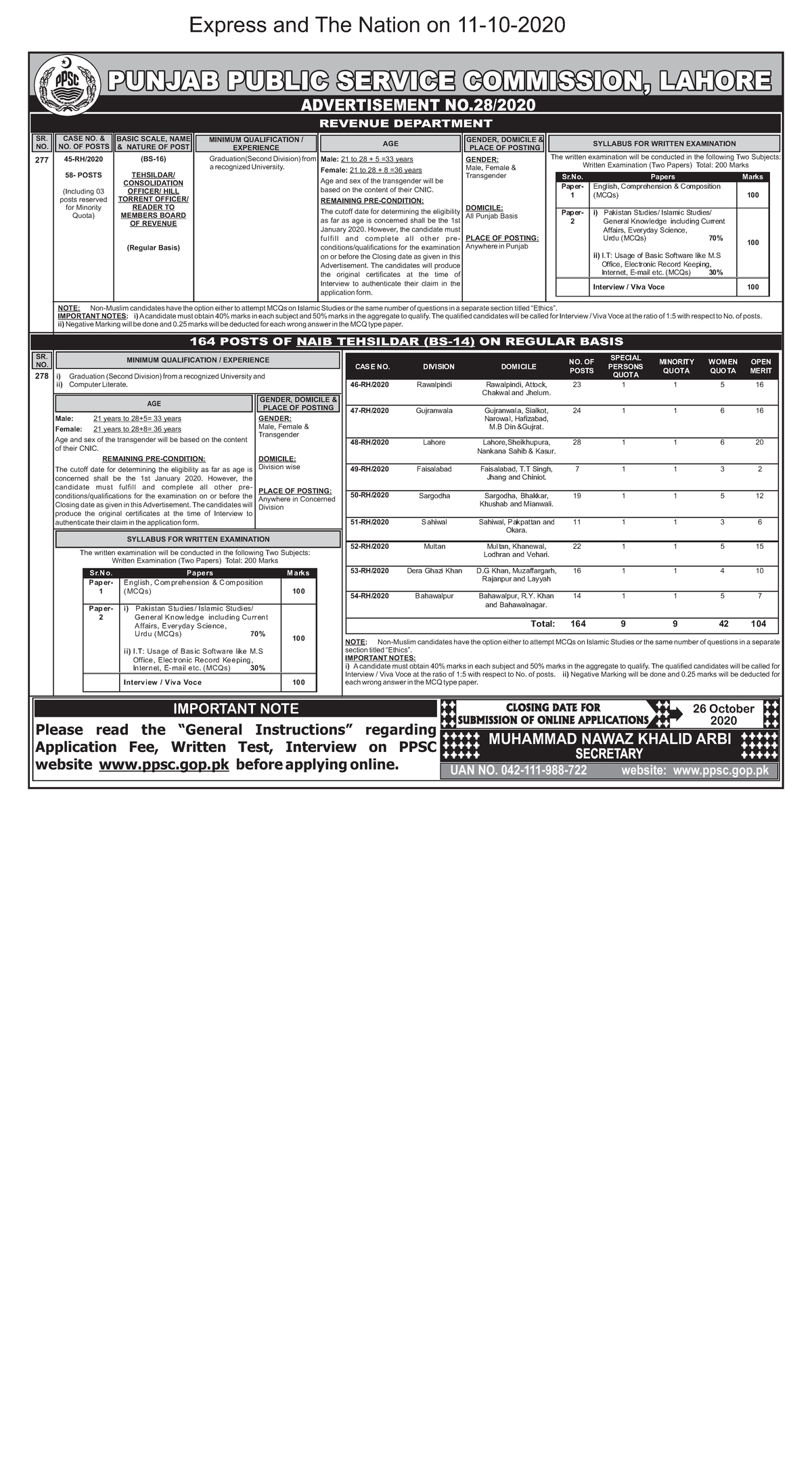 Advt No. 28-2020 - Ddfgg - Express and The Nation on 11-10- Sr. Papers ...