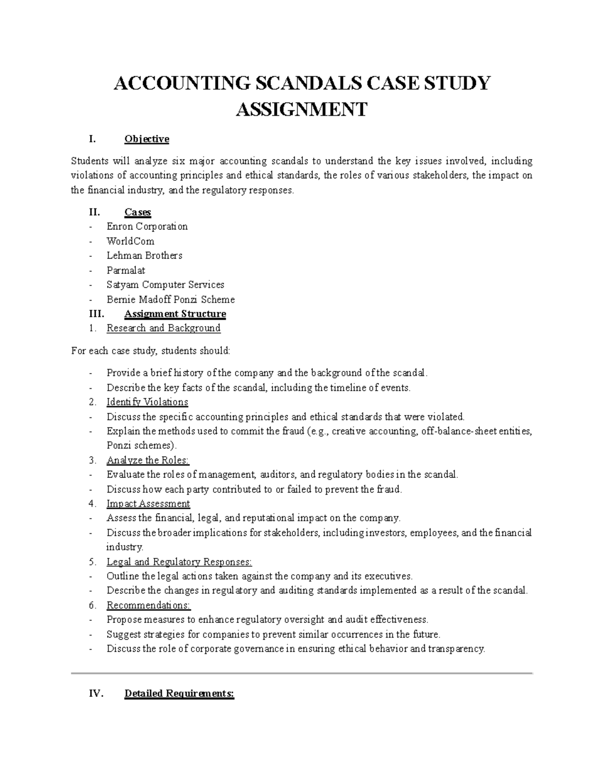 Group Assignment Topics (FIN1901) - ACCOUNTING SCANDALS CASE STUDY ASSIGNMENT I. Objective ...
