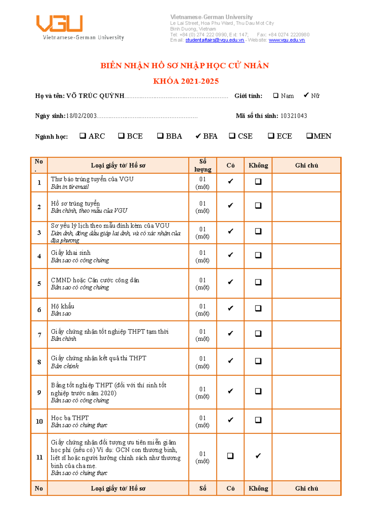 BA Document Checklist 2021 - Vietnamese-German University Le Lai Street ...