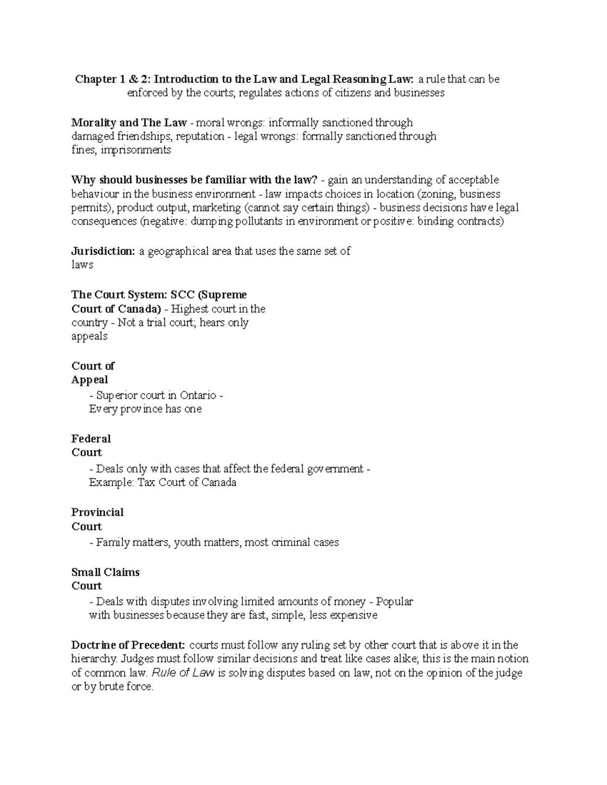 Law 122 course - Lecture notes exam notes - Chapter 1 & 2: Introduction ...