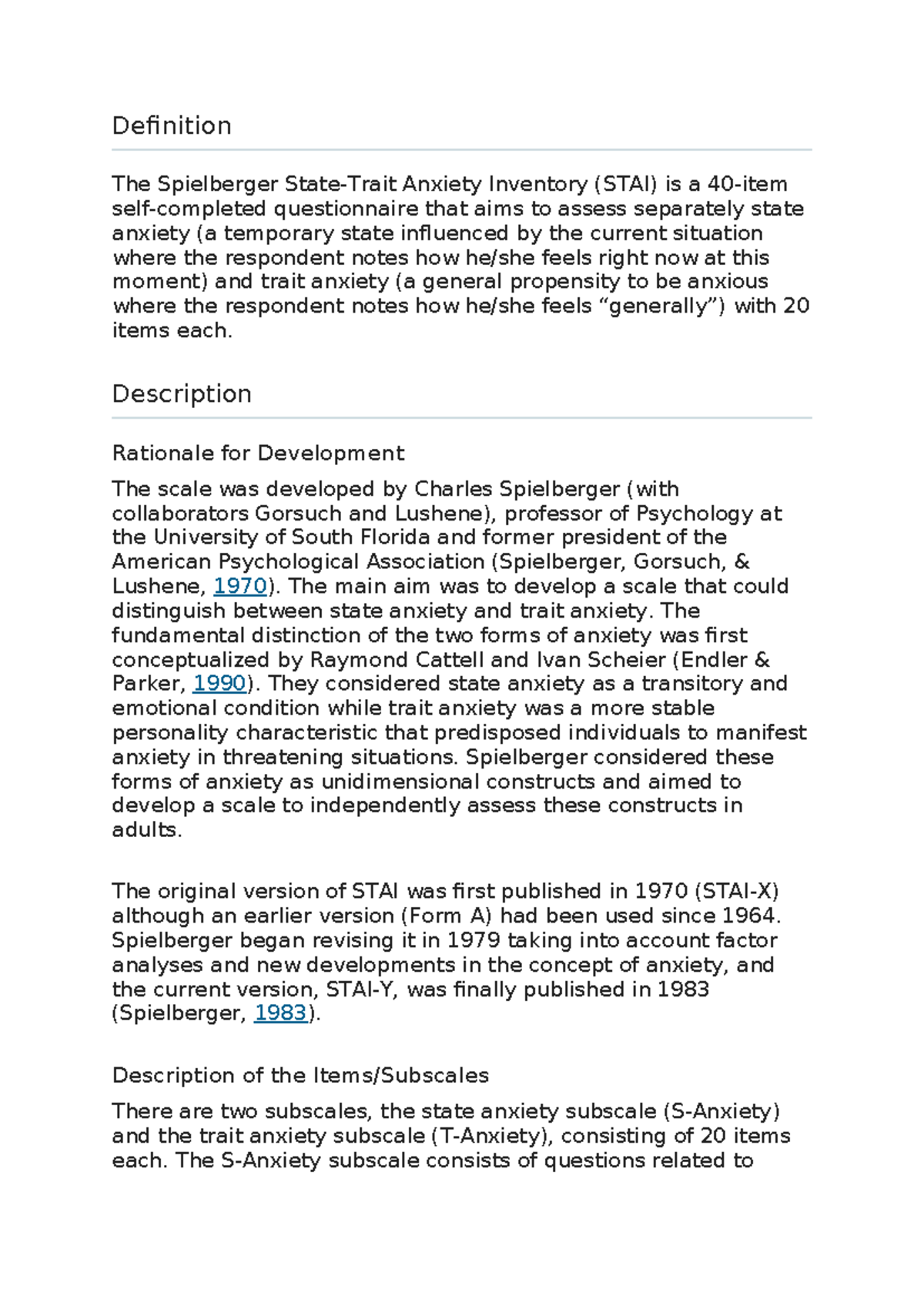 About STAI - Definition The Spielberger State-Trait Anxiety Inventory ...