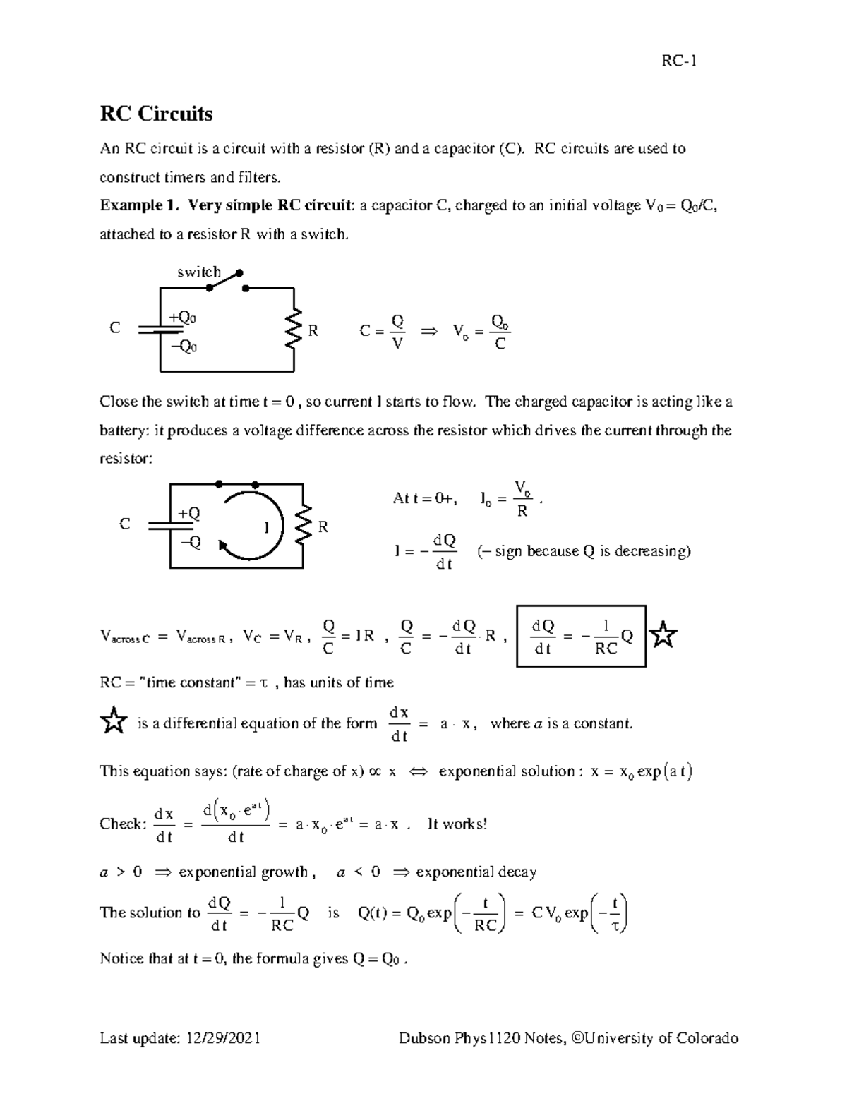 09RC Circuits - phsyics - RC- 1 Last update: 12/29/2021 Dubson Phys1120 ...