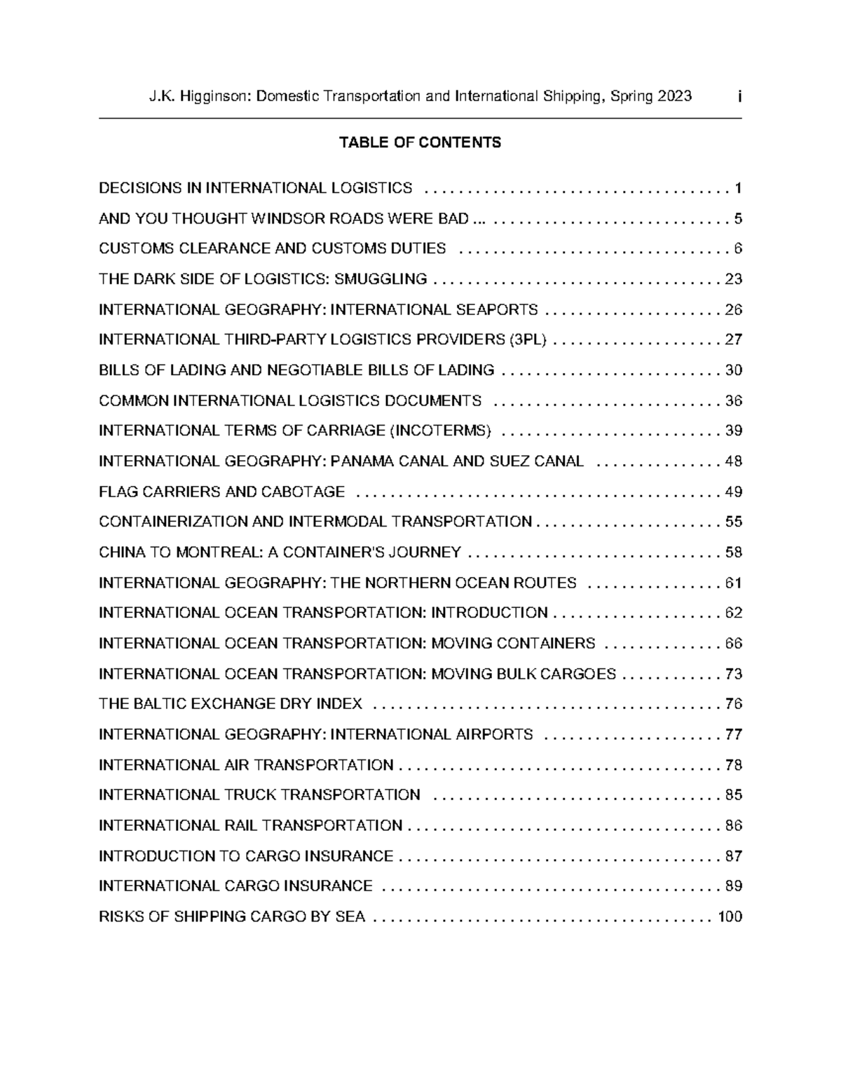 8550 Book Corse Note Part 2 - J. Higginson: Domestic Transportation and ...