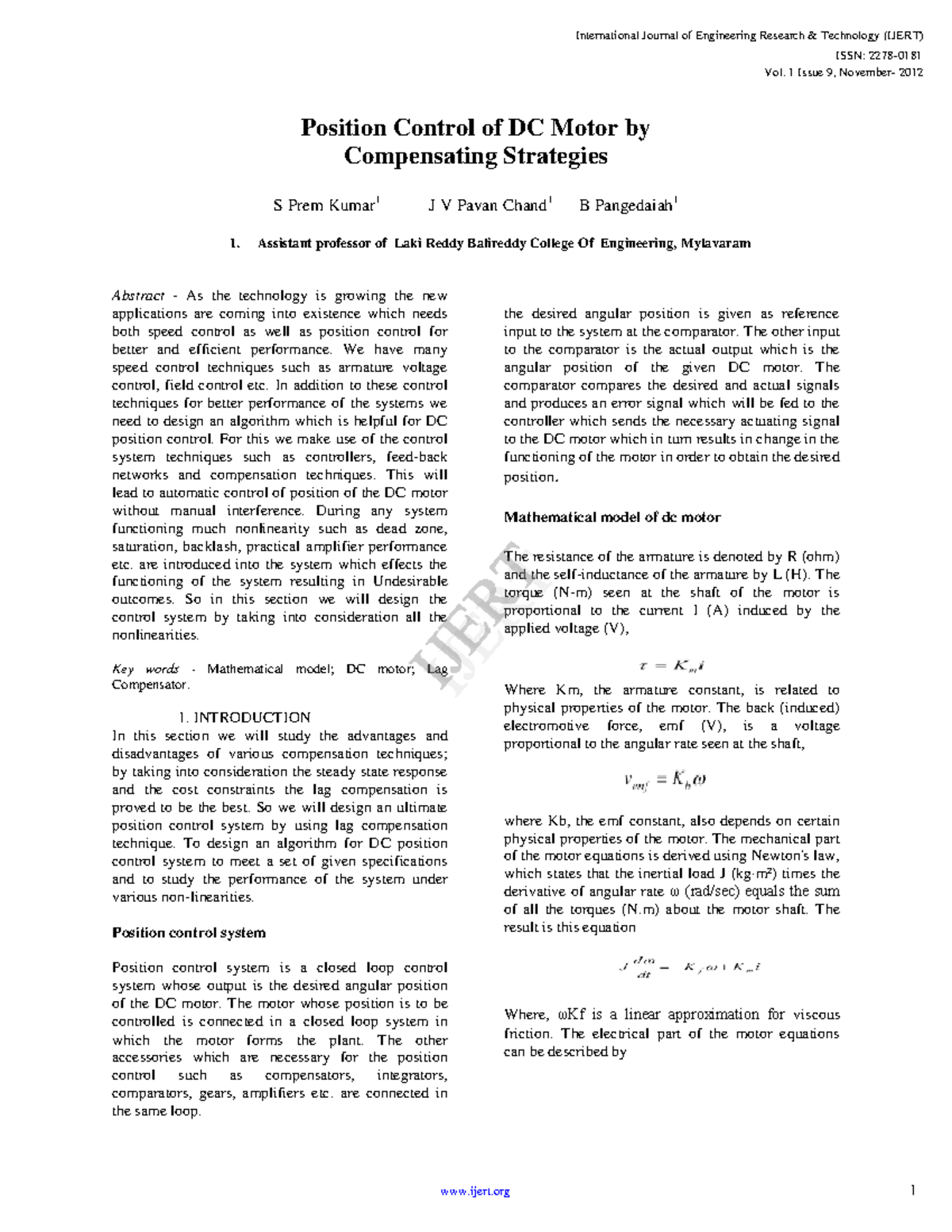 Position control of dc motor by compensating strategies Ijertv 1IS9397 ...