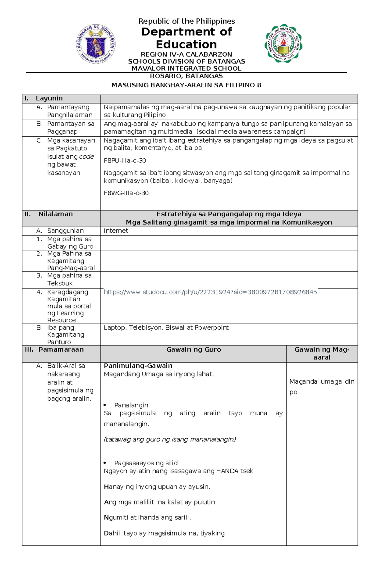 Estratehiya LP - MASUSING BANGHAY-ARALIN SA FILIPINO 8 I. Layunin A ...