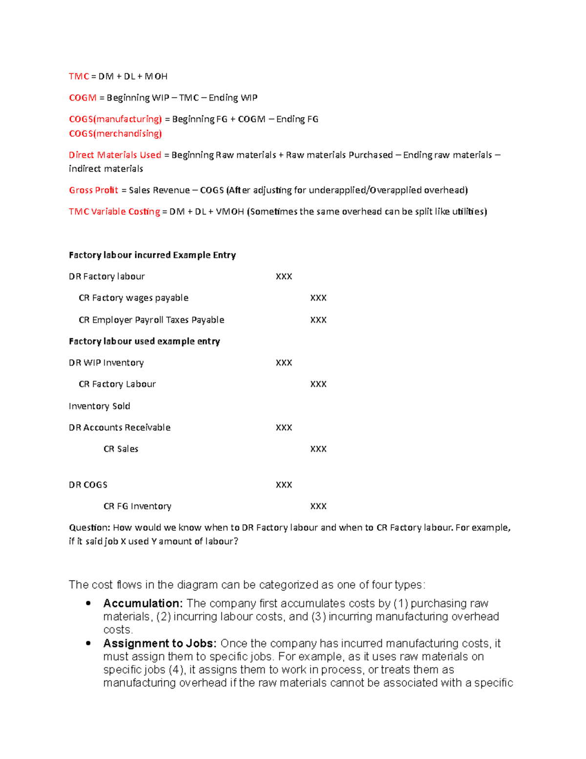 Midterm Cheat Sheet - TMC = DM + DL + MOH COGM = Beginning WIP – TMC ...