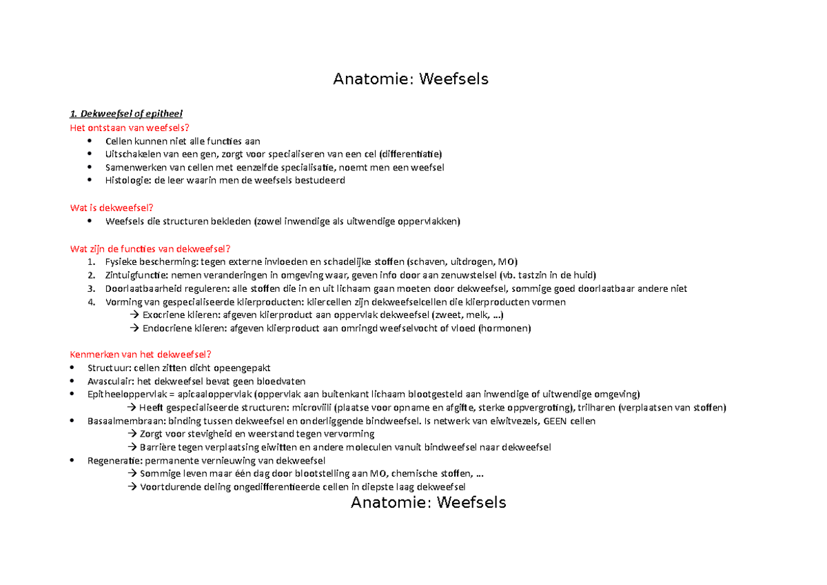 Anatomie - weefsels - Anatomie: Weefsels Dekweefsel of epitheel Het ...